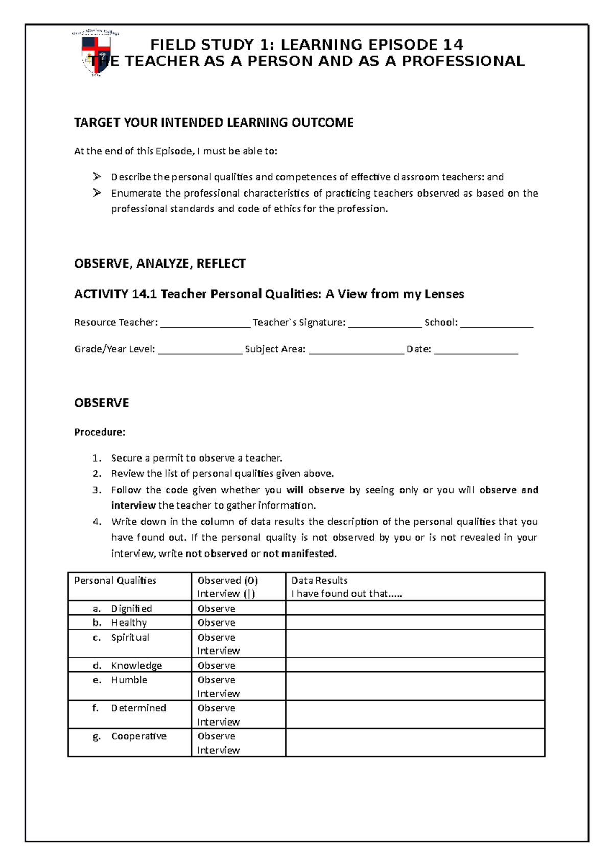 Fs1-episode-14 - fs1 ans - THE TEACHER AS A PERSON AND AS A ...