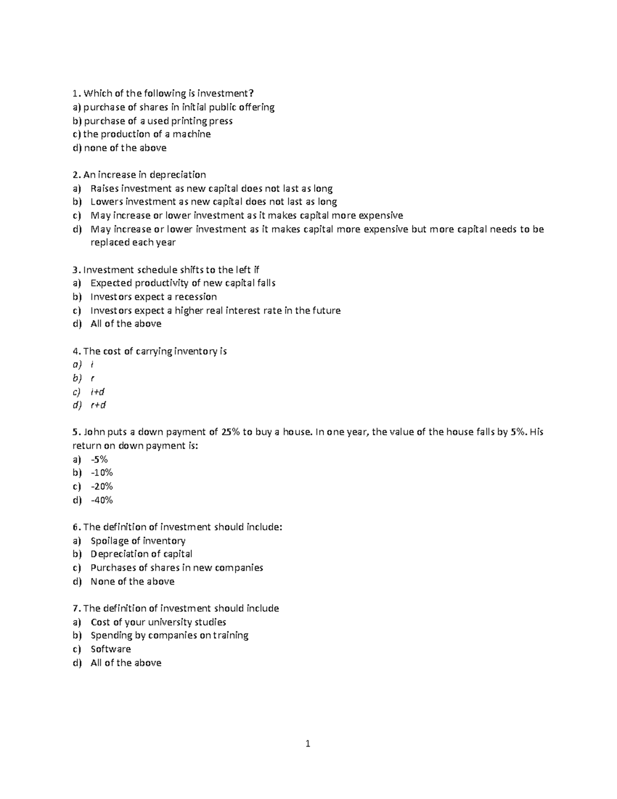 ECO250 practice questions set 4 - Which of the following is investment ...