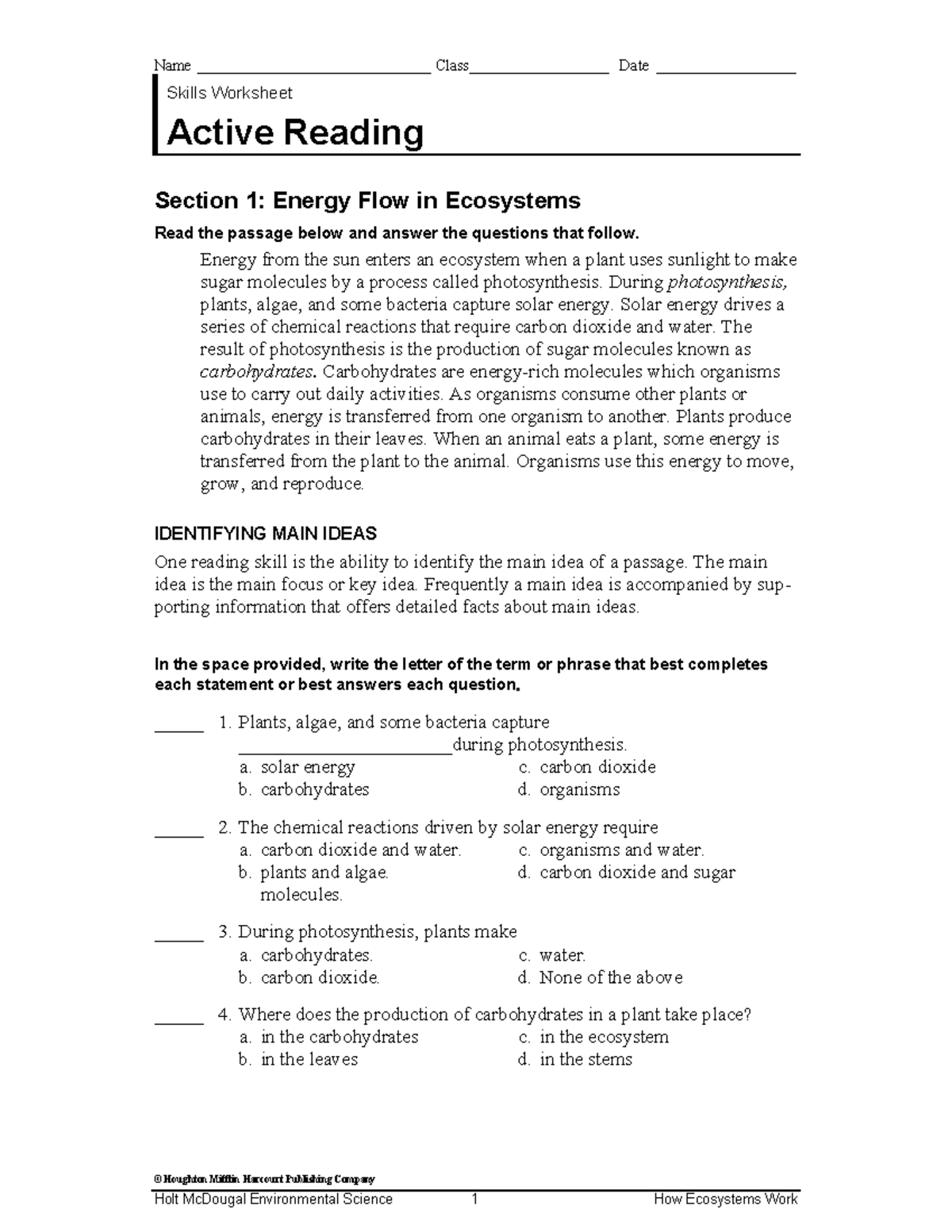 Active Reading - Worksheet - Name ______________________________ Class__________________ Date ...