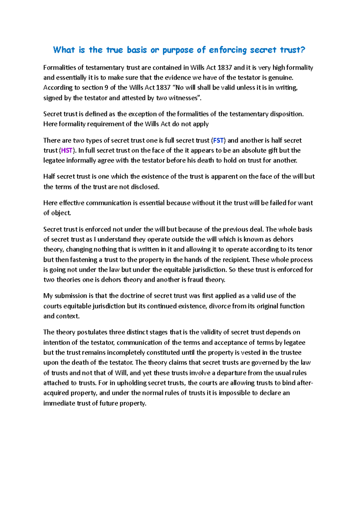Secret Trust enforcement - What is the true basis or purpose of ...