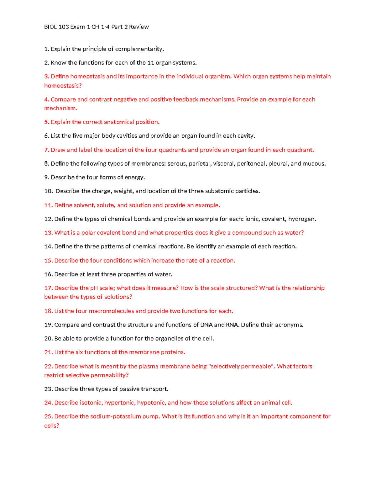 Study guide anatomy - assignment for exam 1 - BIOL 103 Exam 1 CH 1-4 ...