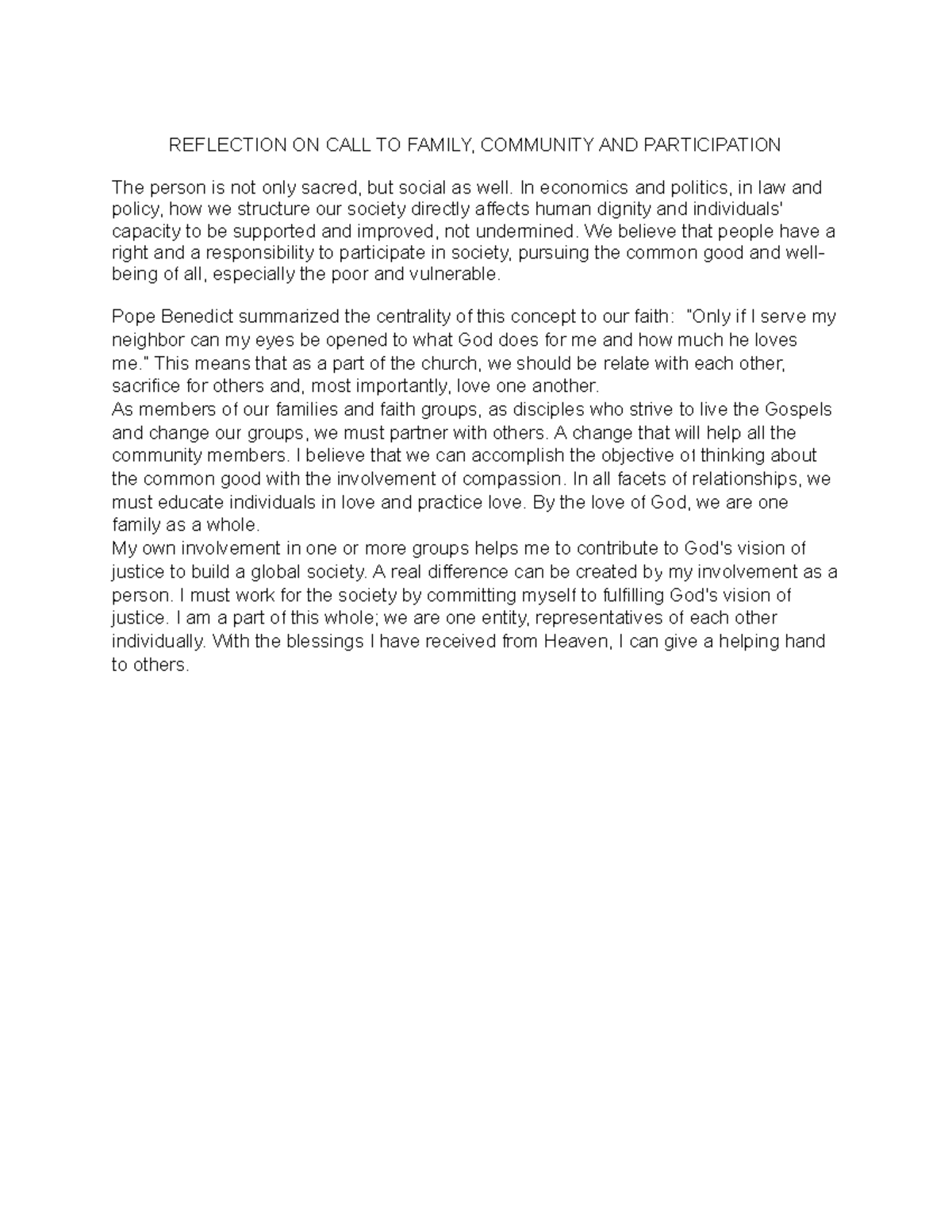 reflection CST 12 - REFLECTION ON CALL TO FAMILY, COMMUNITY AND ...