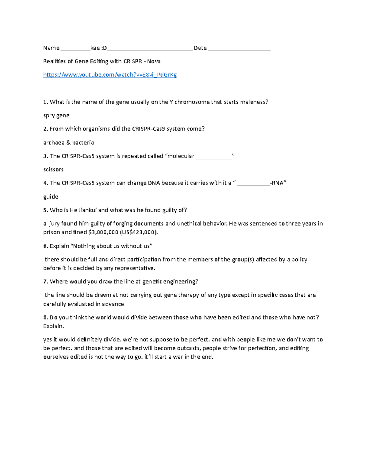 Realities of Gene Editing with Crispr Nova Worksheet (1) - Name kae :D ...