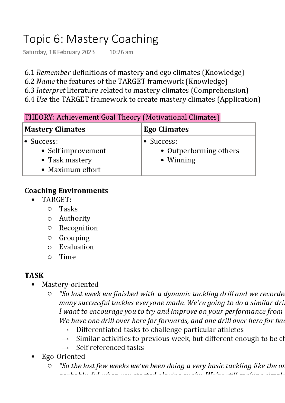 Topic 6 Mastery Coaching - EXSC199 - ACU - Studocu