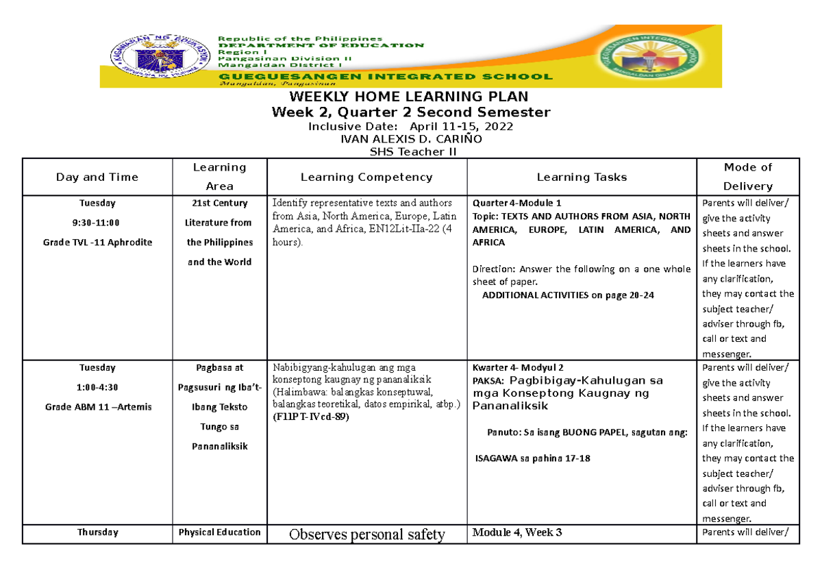 WHLP-W2Q22ND-SEM - Weekly Home Learning Plan Second SeM - WEEKLY HOME ...