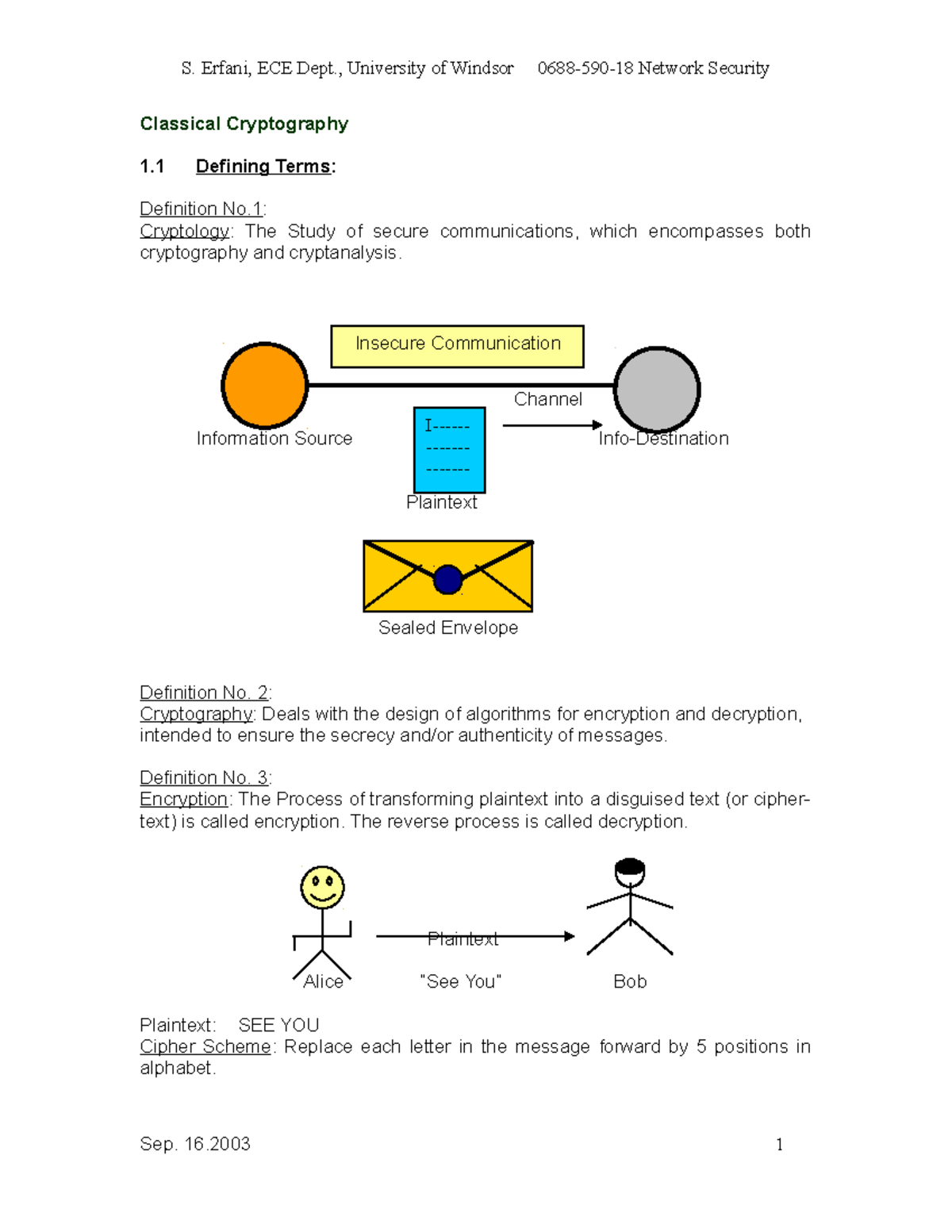 Conventional Encryption - Classical Cryptography 1 Defining Terms: Definition No: Cryptology ...