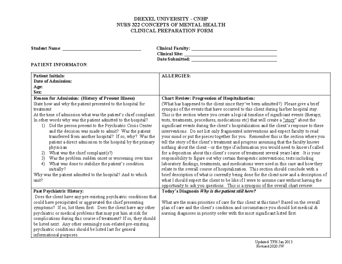 NURS 322 Sample of Completed Clinical Prep Sheet - DREXEL UNIVERSITY ...