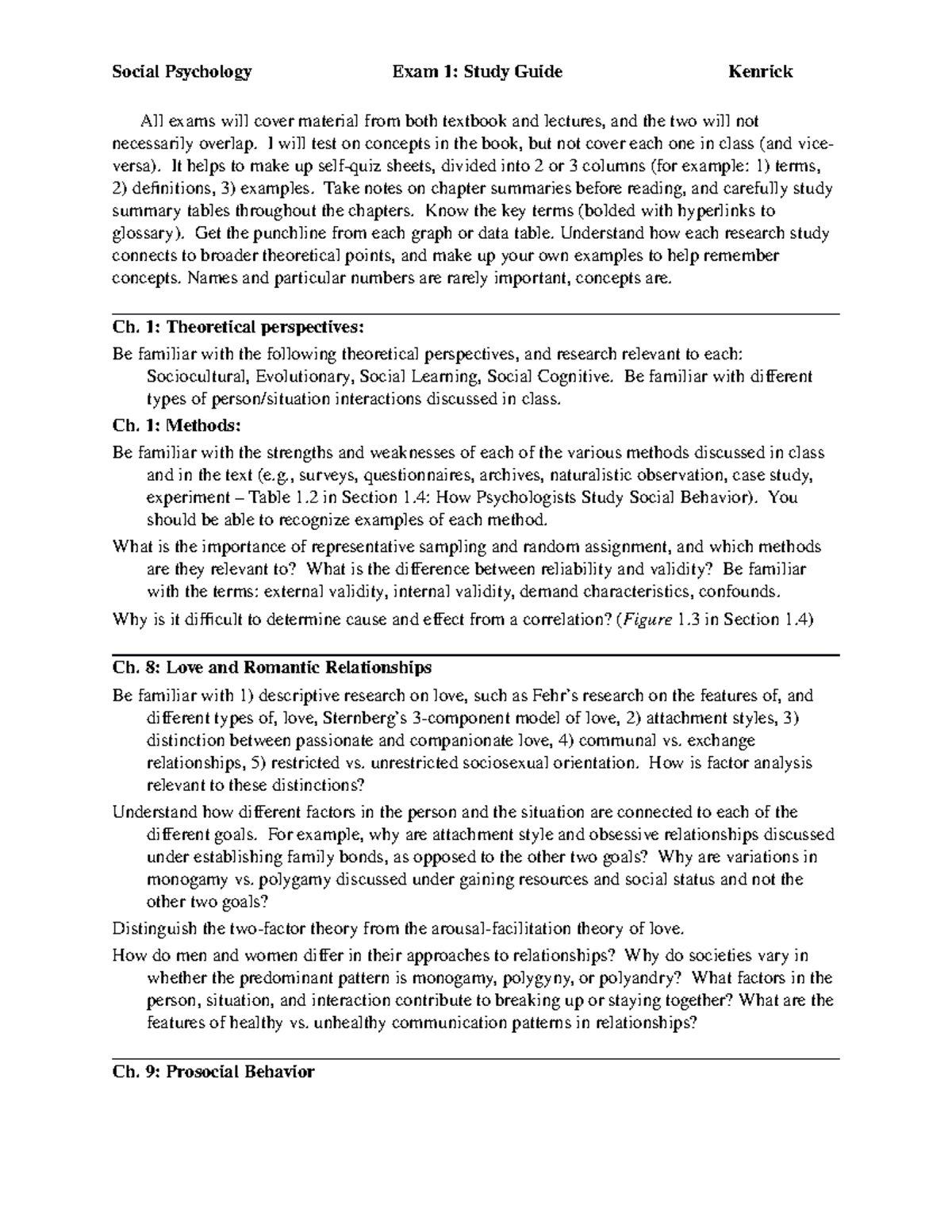 Study Guide-Exam 1 - Social Psychology Exam 1: Study Guide Kenrick All ...