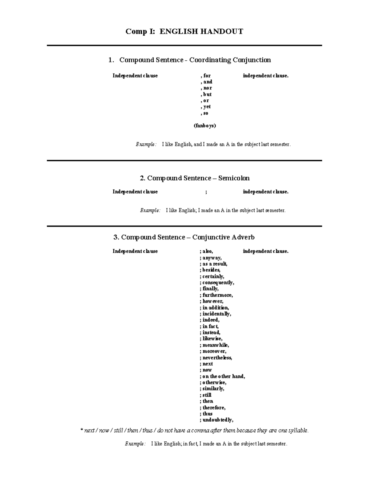 English Handout - Comp I: ENGLISH HANDOUT 1. Compound Sentence ...