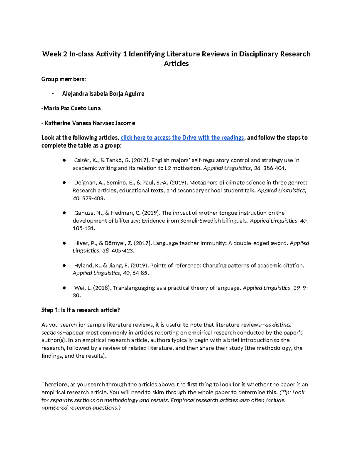 Week 2 In-class Activity 1 Identifying Literature Reviews in ...