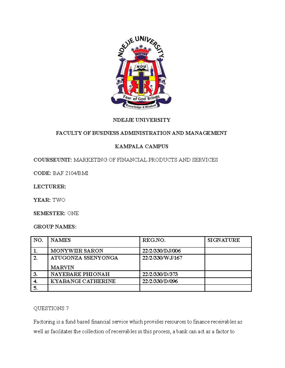 Marketing course work - NDEJJE UNIVERSITY FACULTY OF BUSINESS ...