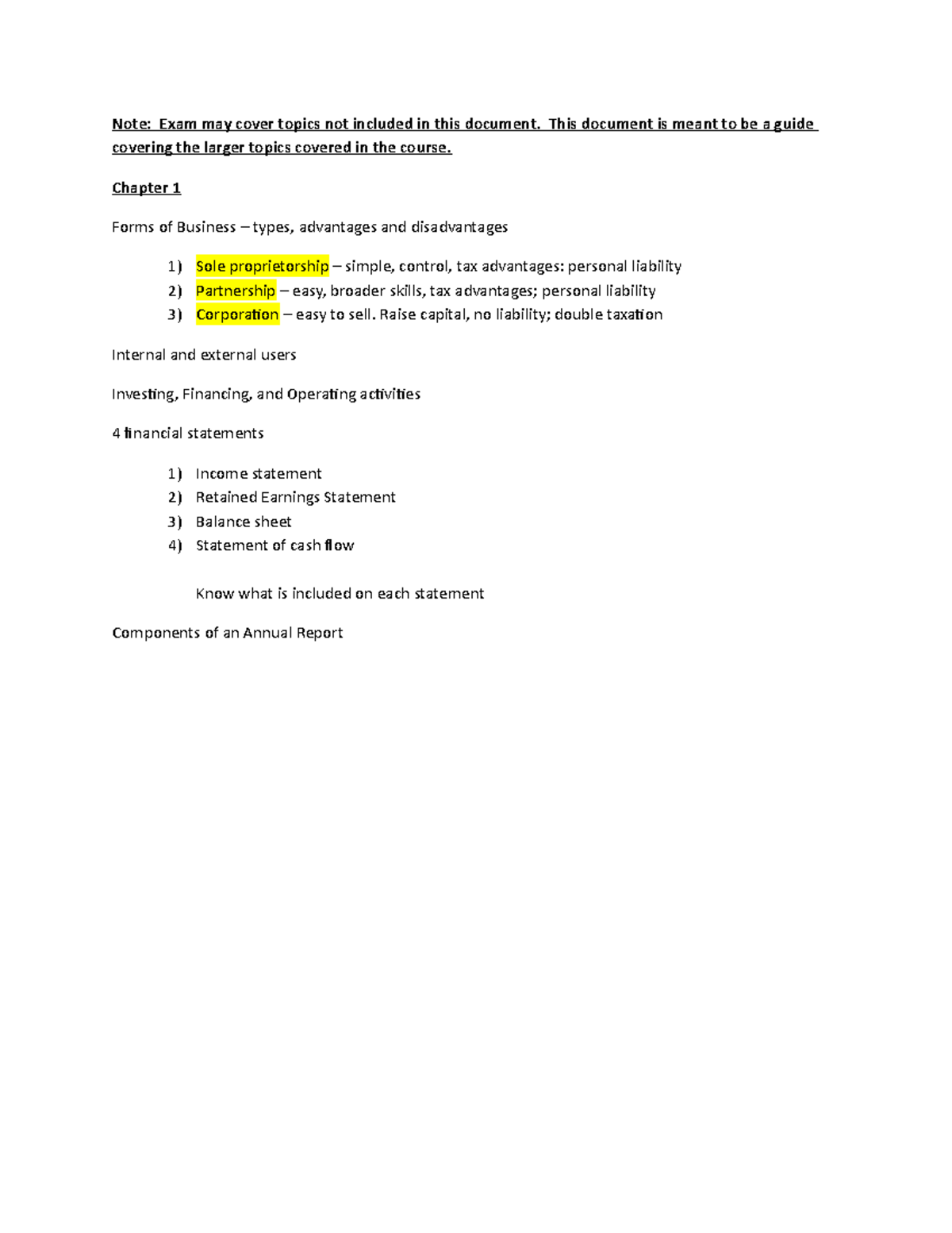 Exam 1 review acct - Note: Exam may cover topics not included in this ...
