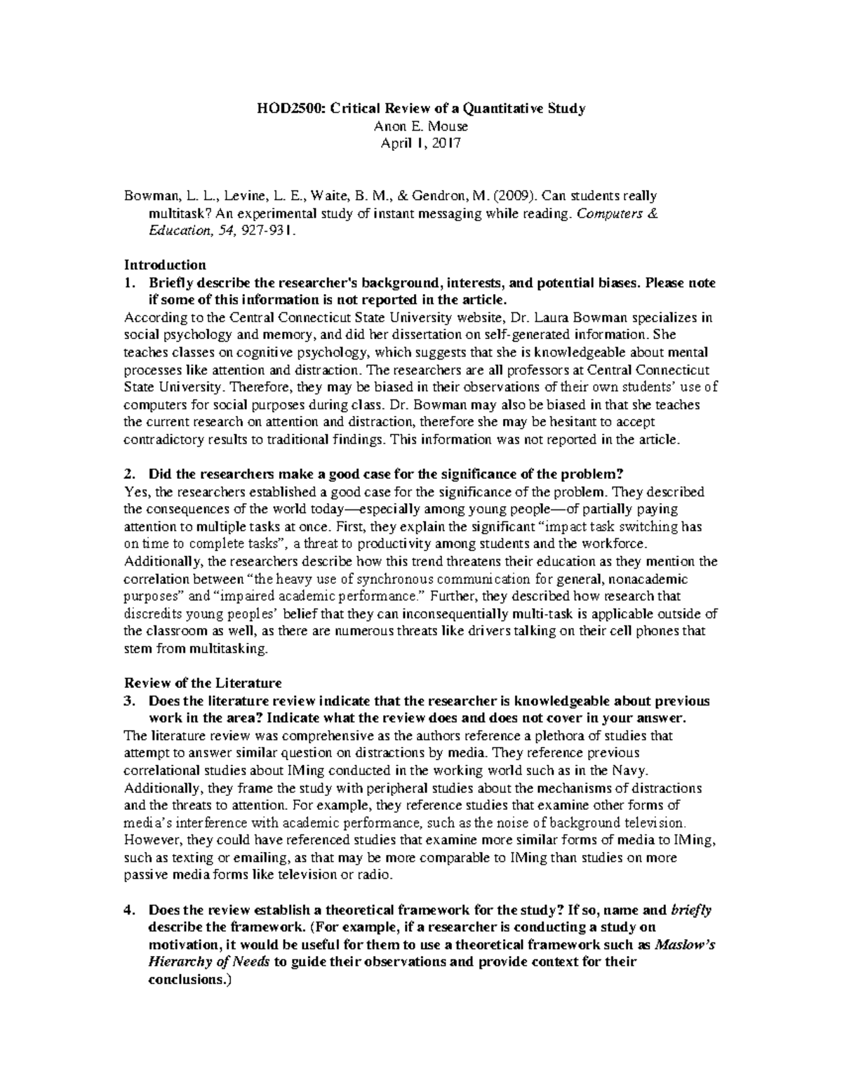 Quantitative Example - HOD2500: Critical Review of a Quantitative Study ...