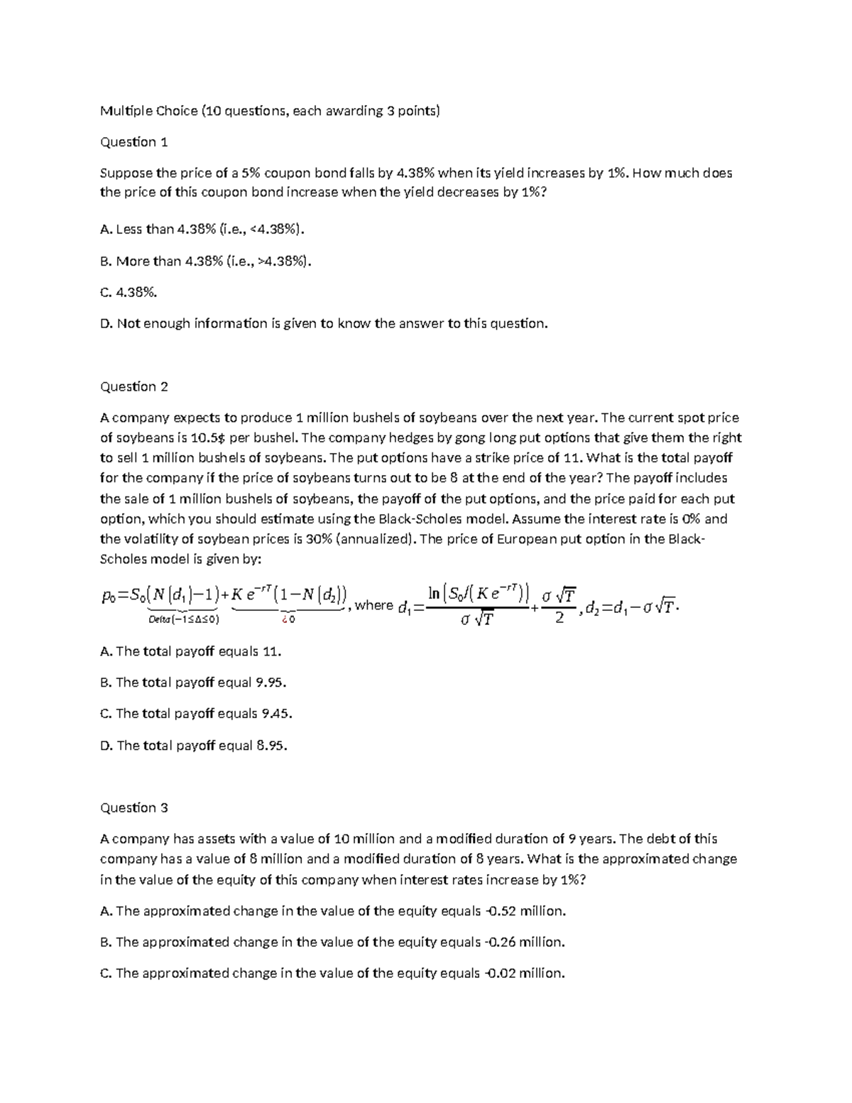 Final Version 1 - Multiple Choice (10 questions, each awarding 3 points ...