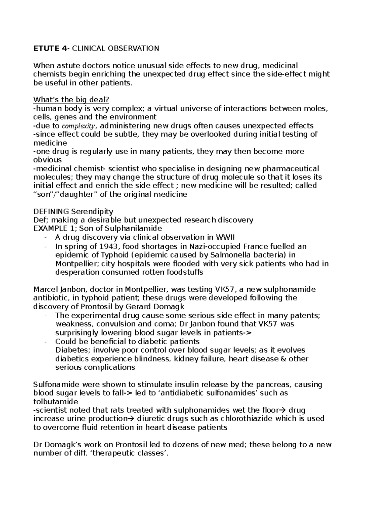 PHAR1101 etute 4 - ETUTE 4- CLINICAL OBSERVATION When astute doctors ...