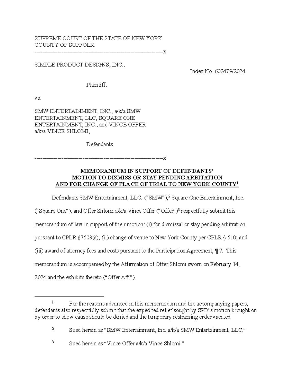 DFt Memorandum of Law - SPD v SMW - SUPREME COURT OF THE STATE OF NEW ...