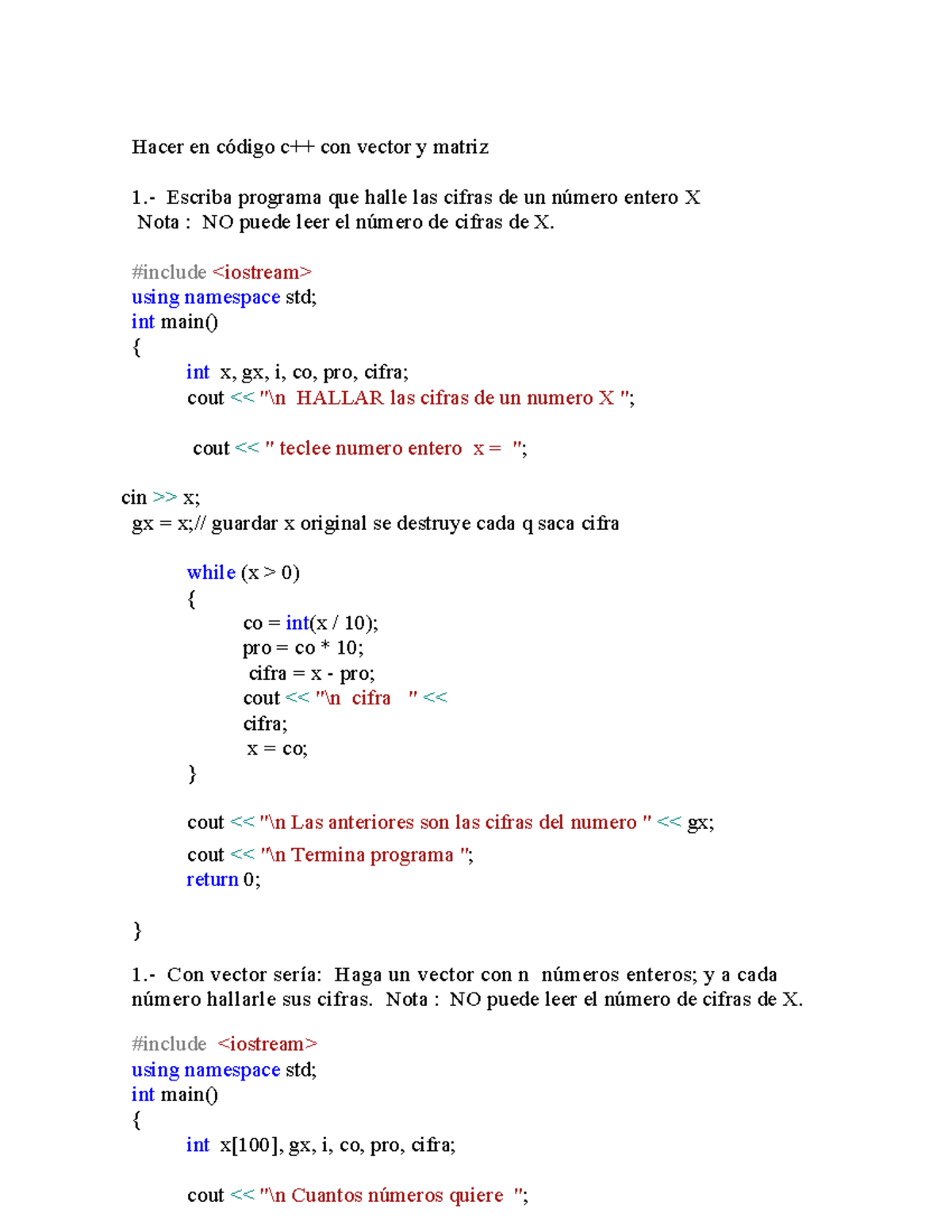 C++5basicosvectormatriz - Hacer en código c++ con vector y matriz 1 ...
