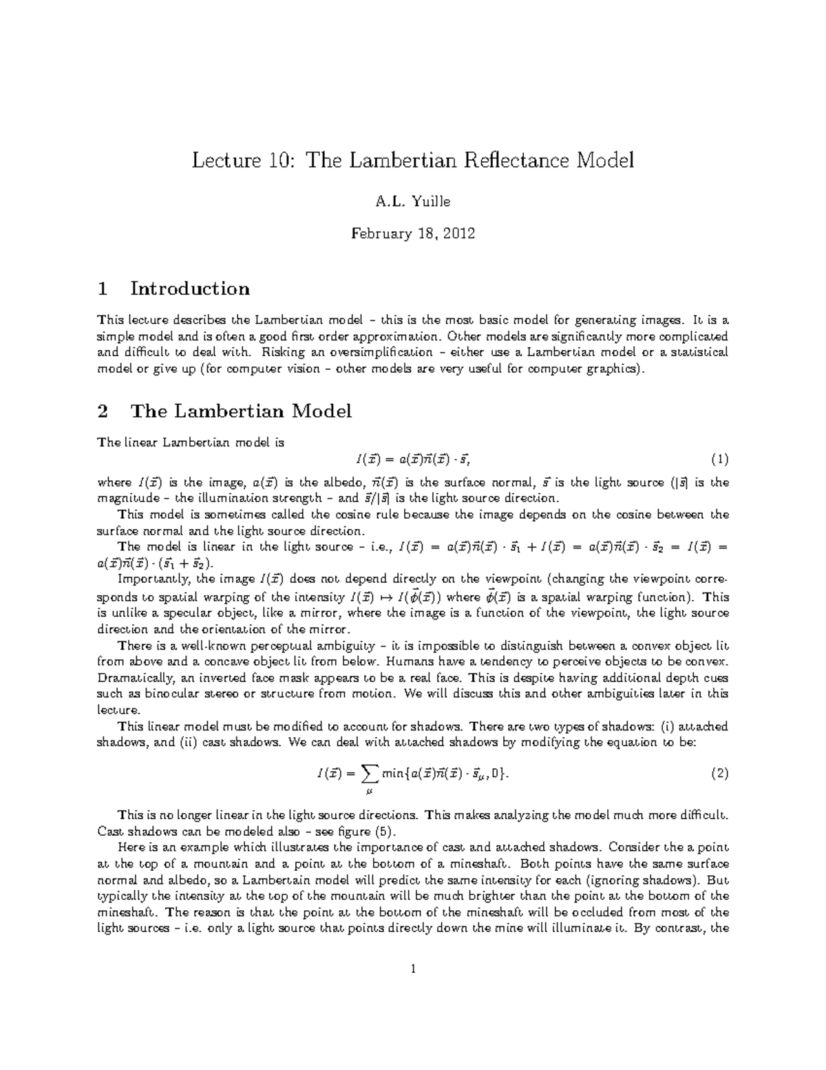 Lecture 10 - Weeew - Lecture 10: The Lambertian Reflectance Model A ...