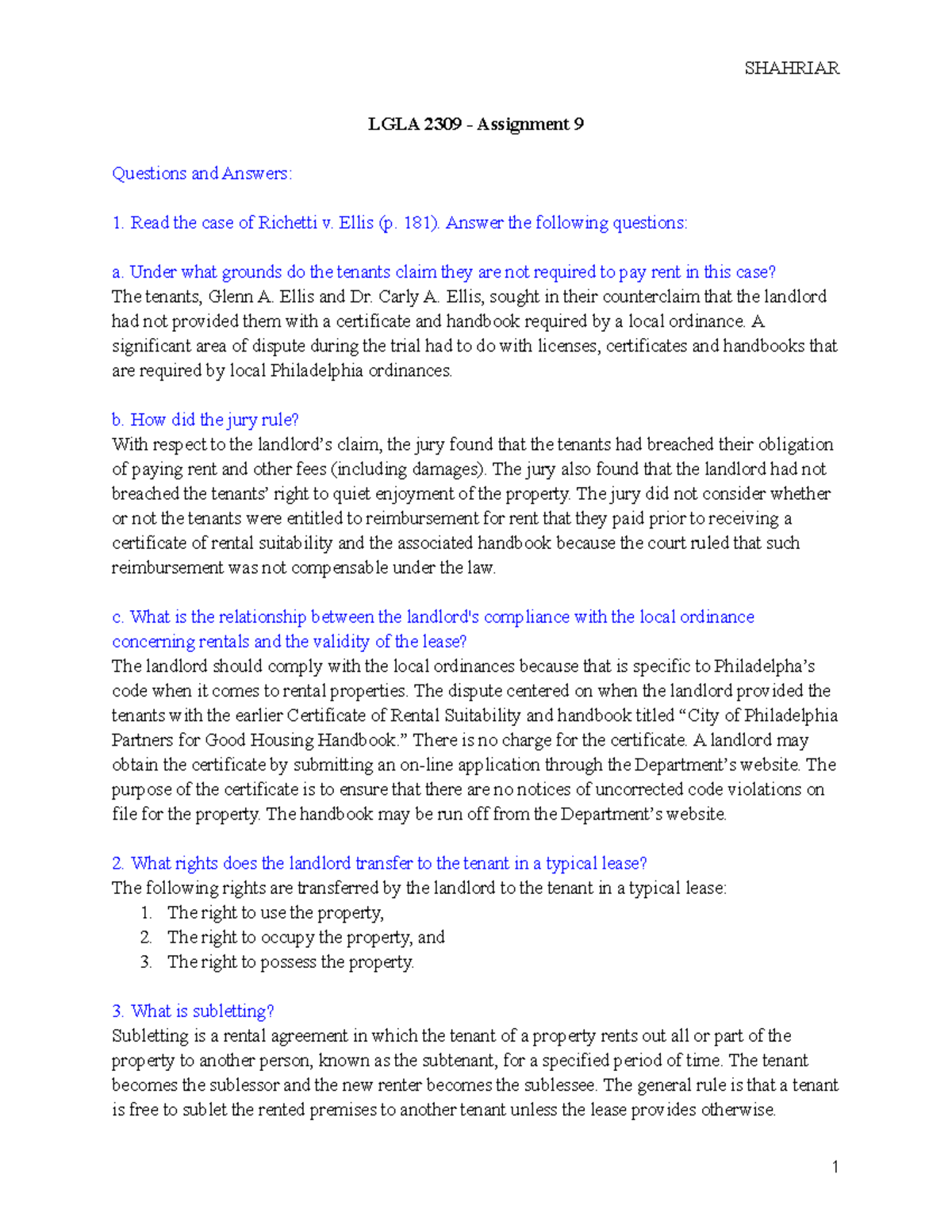 LGLA 2309 - Assignment 9 - SHAHRIAR LGLA 2309 - Assignment 9 Questions and Answers: Read the ...