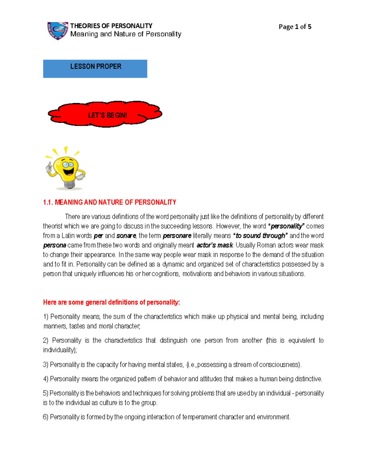 02A RC223 Week 1 Lesson Proper Meaning And Nature Of Personality 