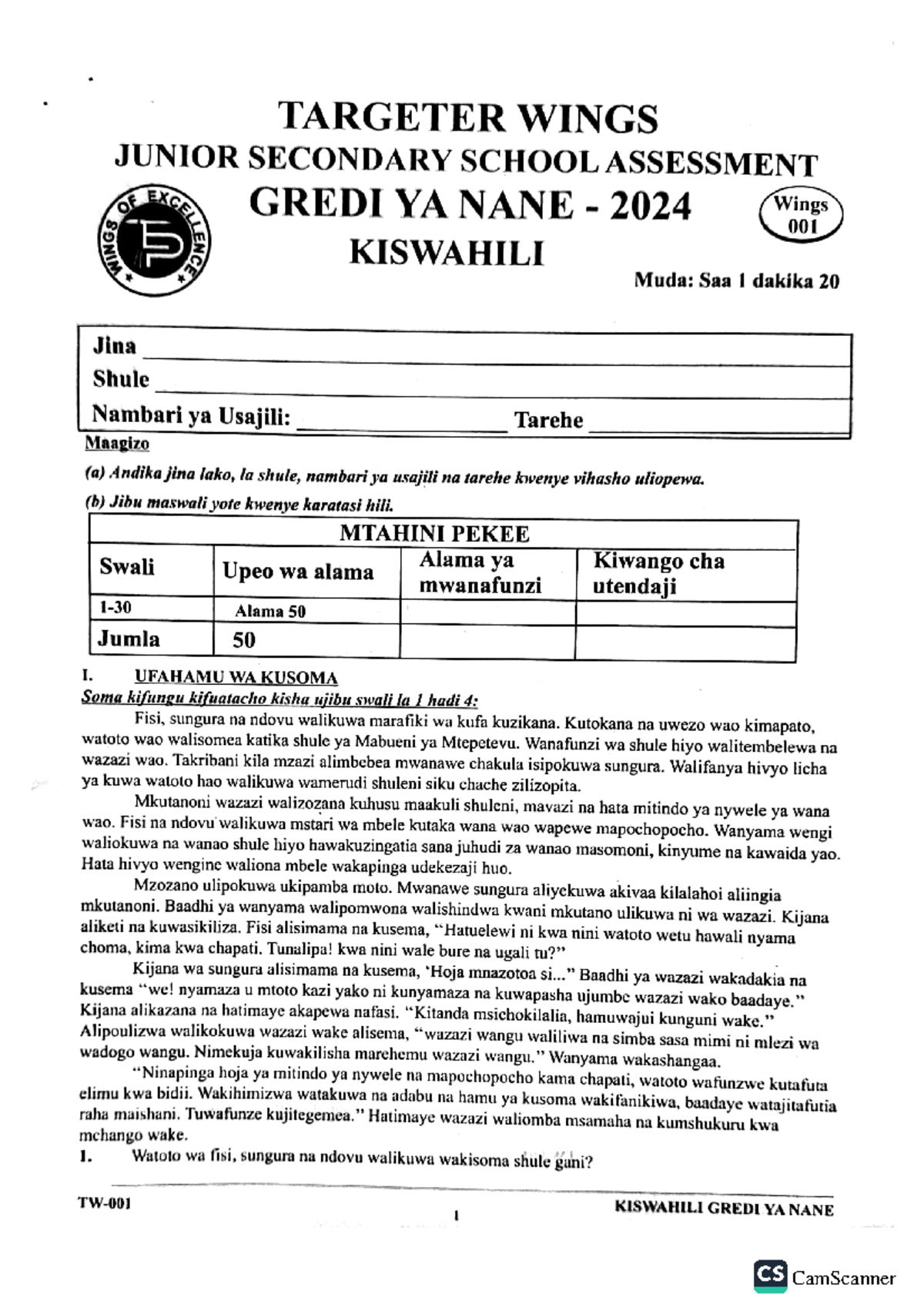 Targeter WING 001 Grade 8 Kiswahili - TARGETER WINGS JUNIOR SECONDARY SCHOOL ASSESSMENT OF EXCEL ...