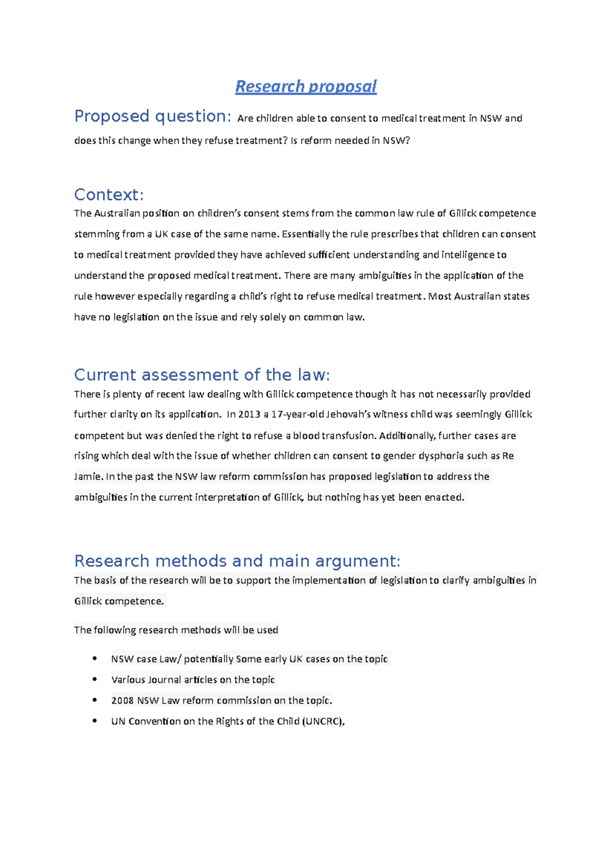 health law research proposal - Research proposal Proposed question: Are ...