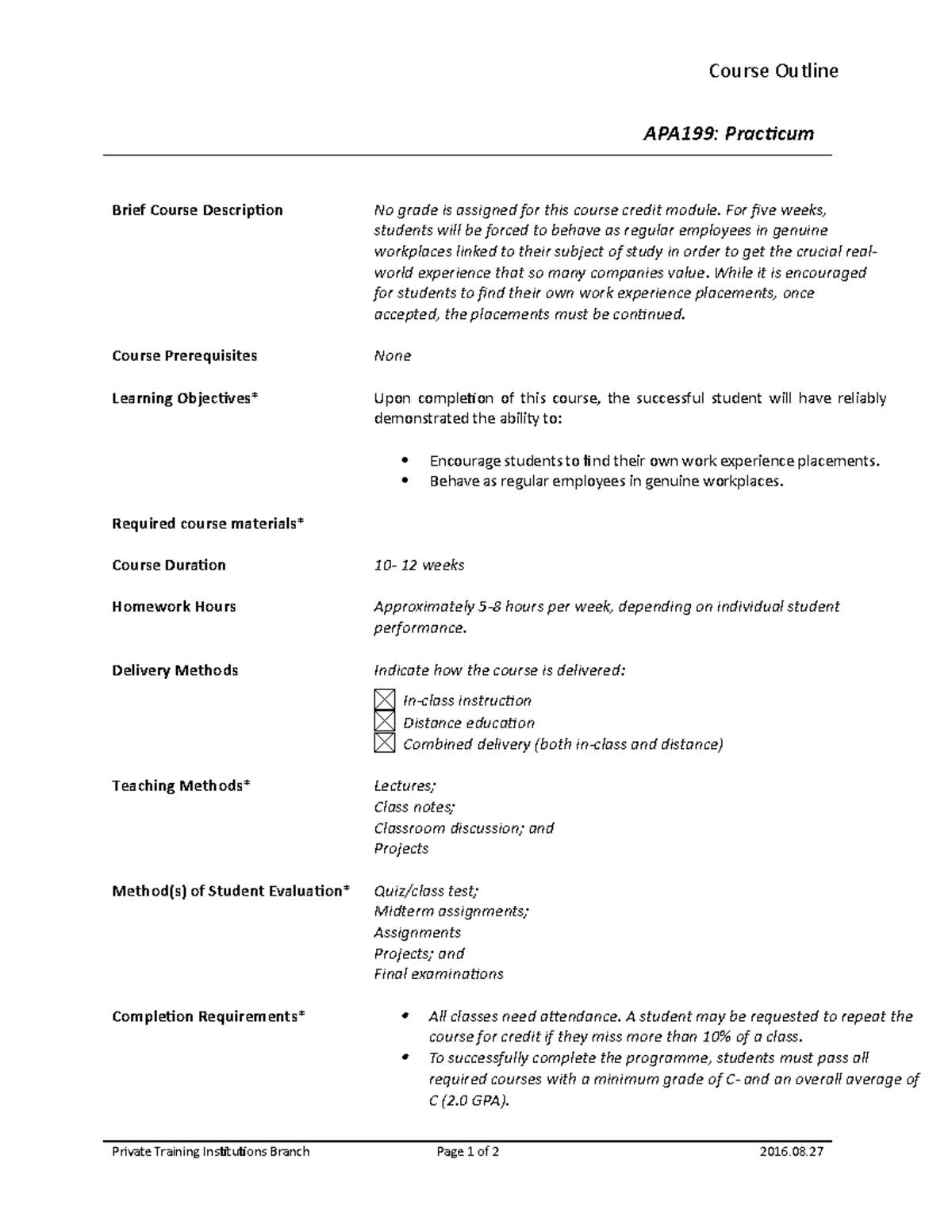 APA199 - assignment - Course Outline APA199: Practicum Brief Course ...