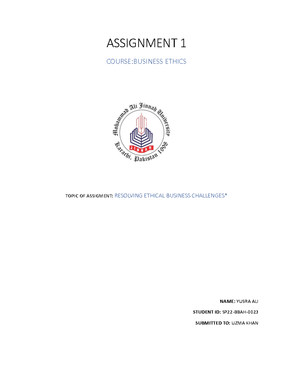 Business Ethics Assignment 1 - ASSIGNMENT 1 COURSE:BUSINESS ETHICS ...