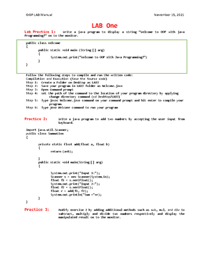 March 8-2022-OOP LAB ONE of Two - OOP LAB Manual LAB ONE March 8, 2022 ...
