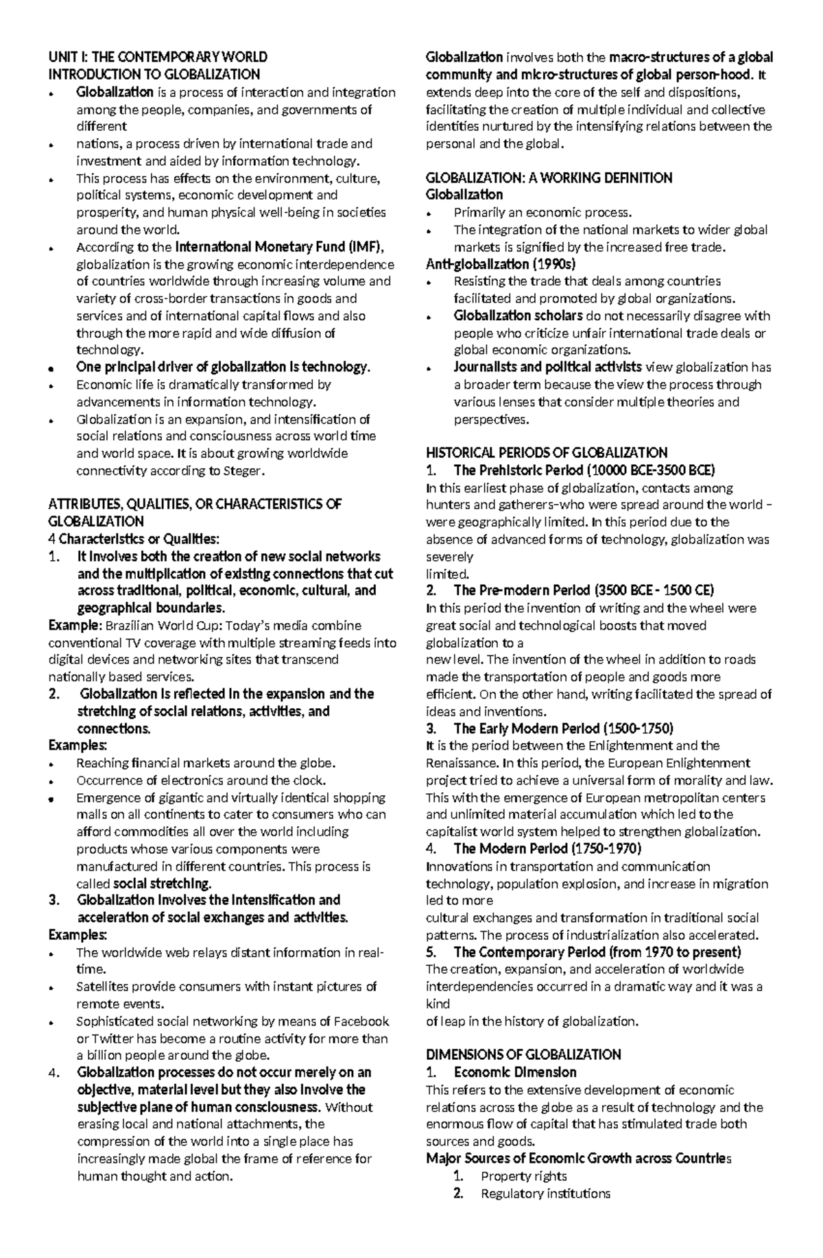 GEd104MID - Reviewer - UNIT I: THE CONTEMPORARY WORLD INTRODUCTION TO ...