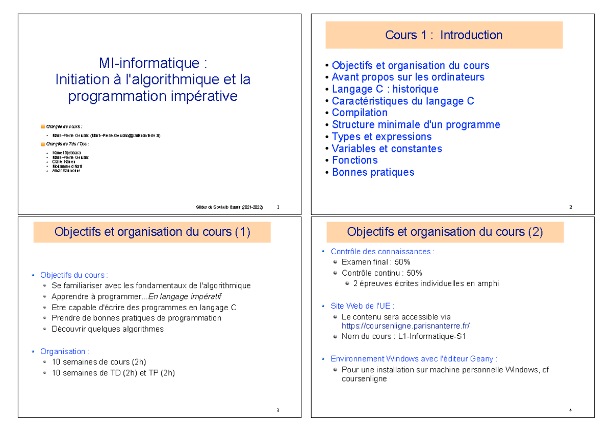 Cours 1 informatique - 1 MI-informatique : Initiation à l'algorithmique et la programmation ...