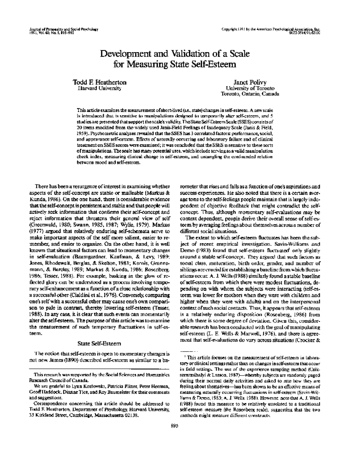 1991 Development and validation of a scale for measuring state self ...
