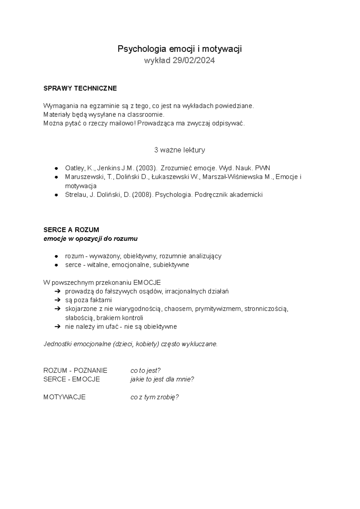 W1 Serce A Rozum - 29 luty - Psychologia emocji i motywacji wykład 29 ...