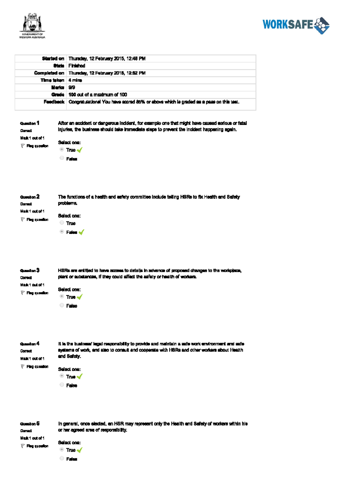 Health and Safety Representatives test - WORKSAFE GOVERNMENT OF WESTERN ...