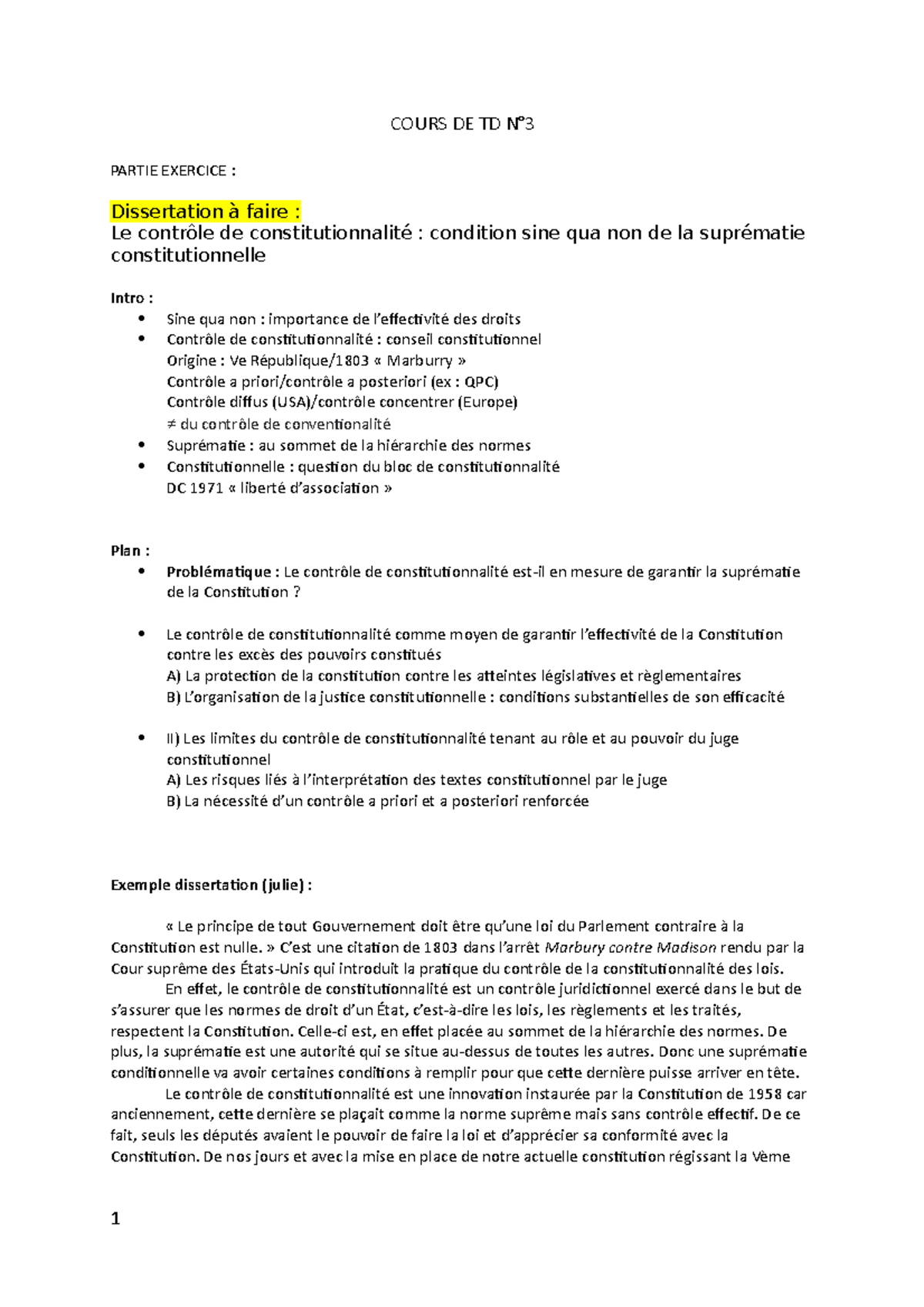 Cours fiche 3 - TD 3 droit constitutionnel L1 droit - COURS DE TD N° PARTIE EXERCICE ...