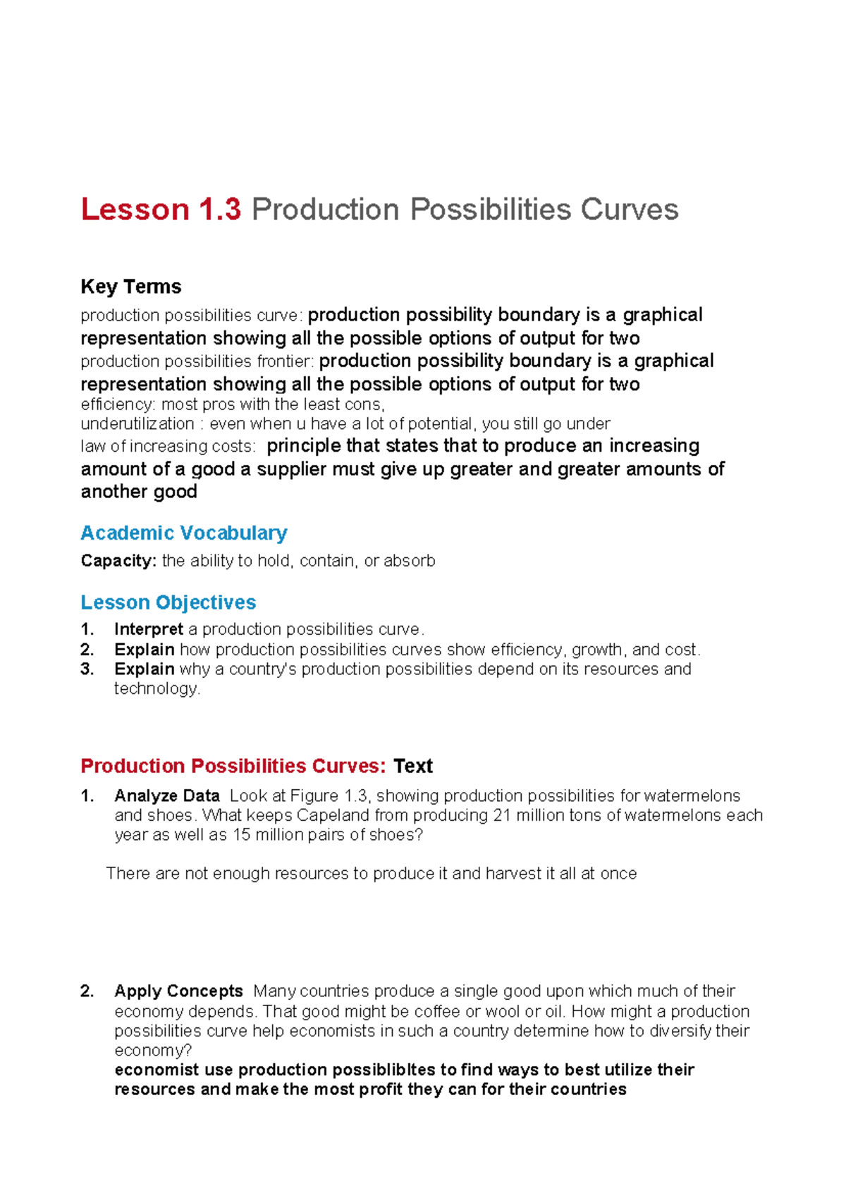 1 - efgferge - Lesson 1 Production Possibilities Curves Key Terms ...