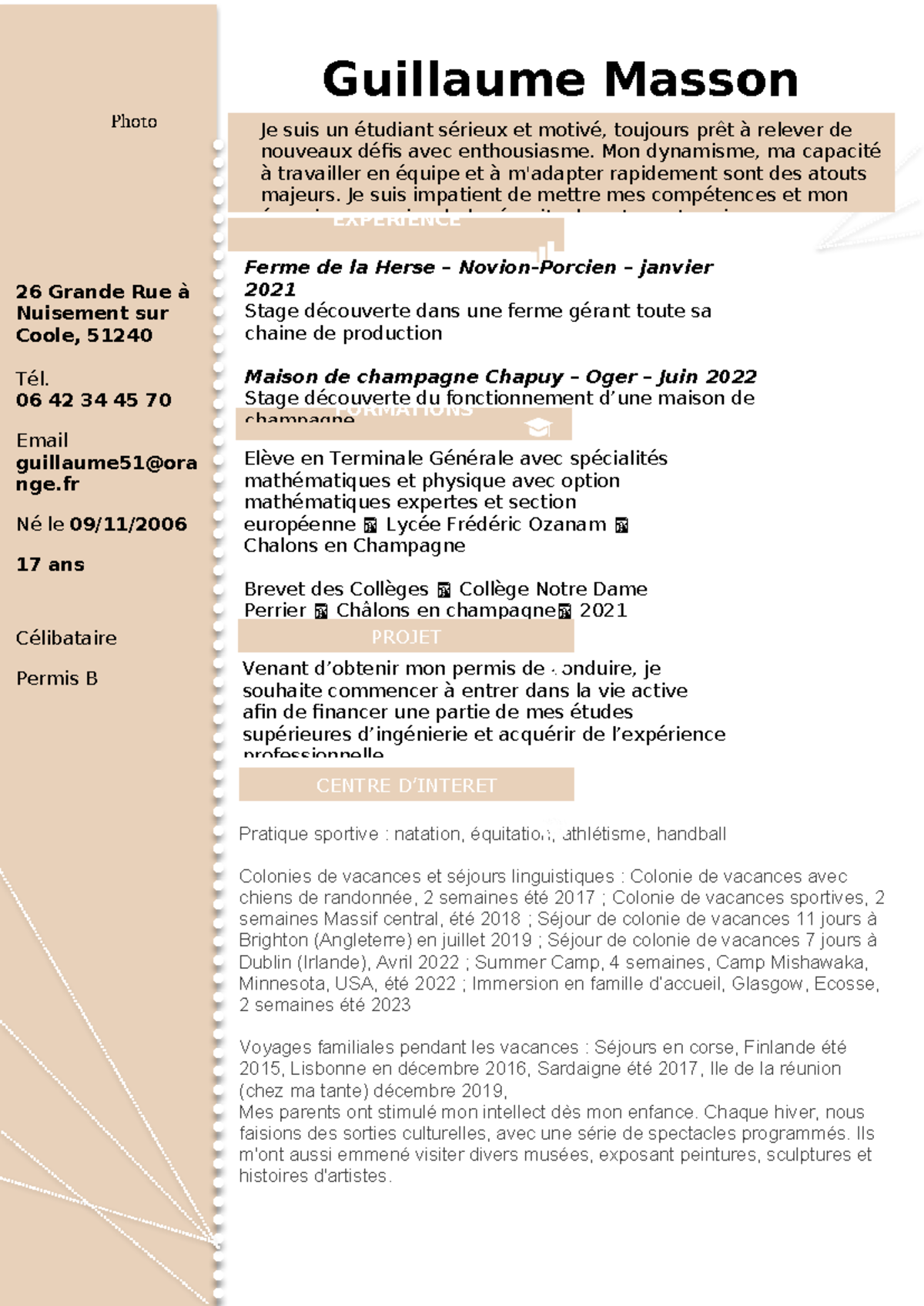 CV guillaume - Photo Elève en Terminale Générale avec spécialités ...