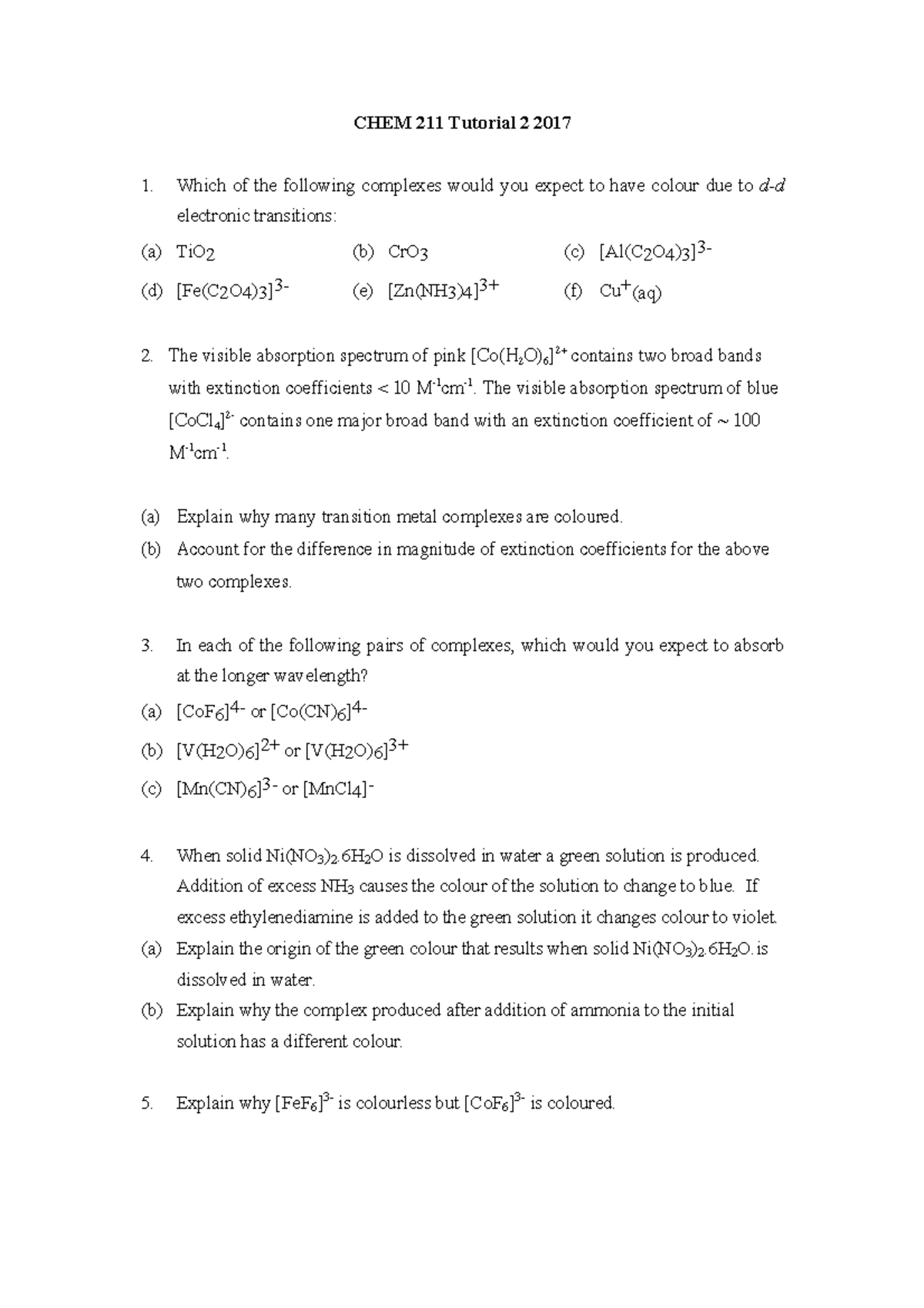 CHEM211 Tutorial 2 2017 - CHEM 211 Tutorial 2 2017 Which of the ...