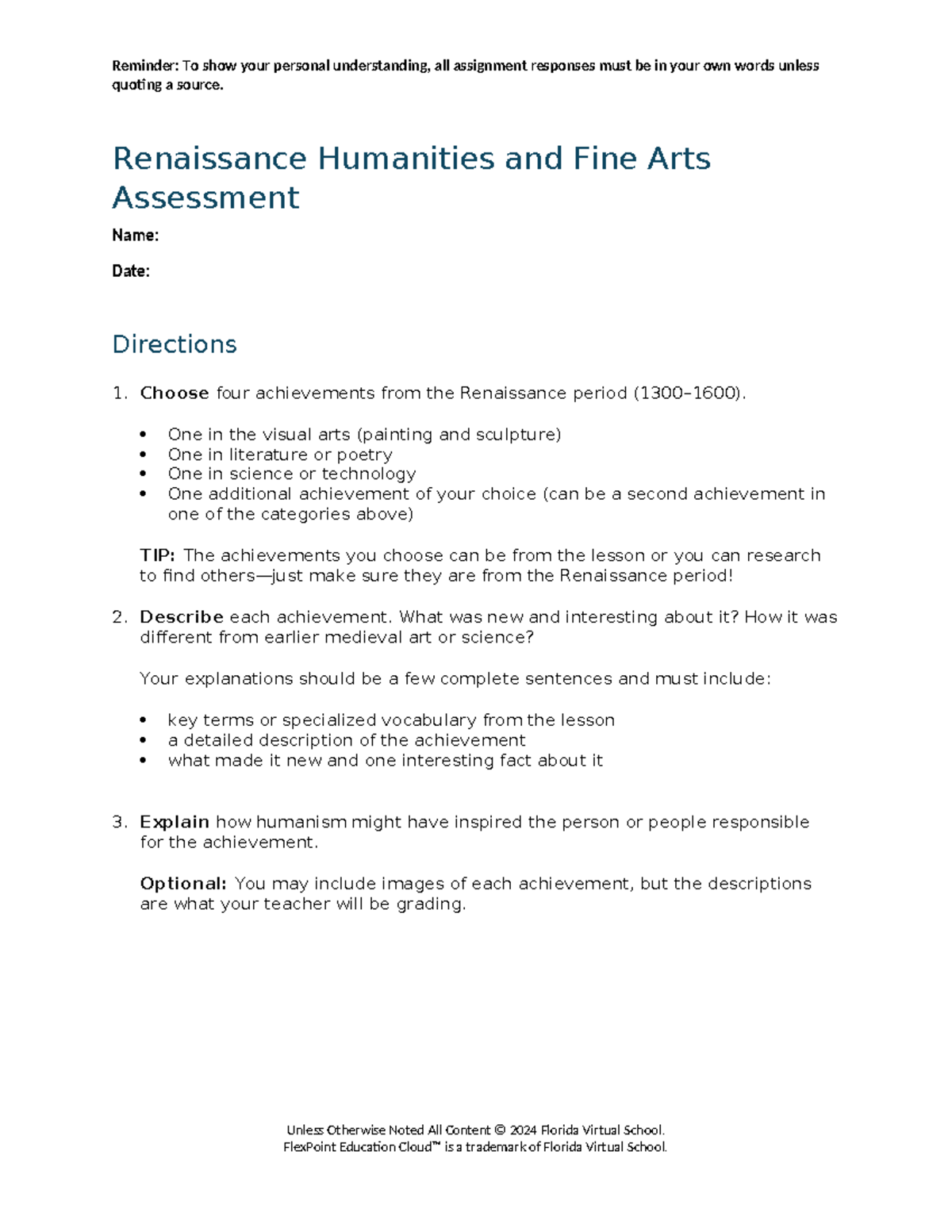 Renaissance Humanities and Fine Arts Assessment - Reminder: To show ...