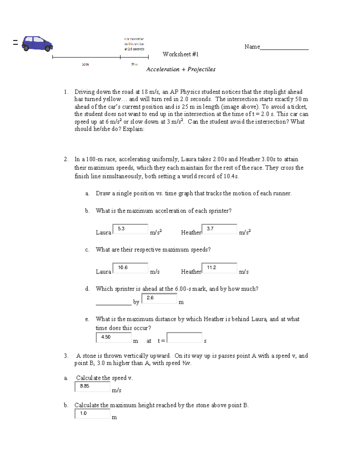 Worksheet 1 acceleration and projectiles - Name_______________ Worksheet # Acceleration + - Studocu