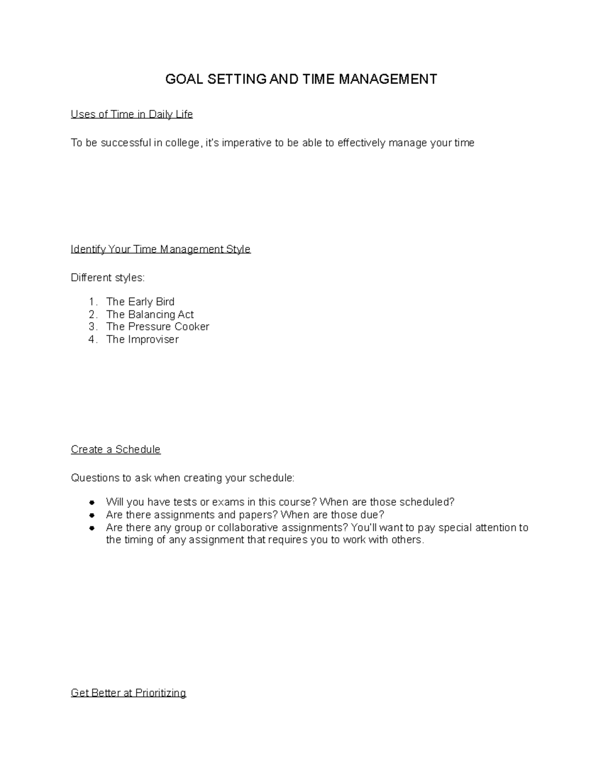College Success Notes #4 - GOAL SETTING AND TIME MANAGEMENT Uses of ...