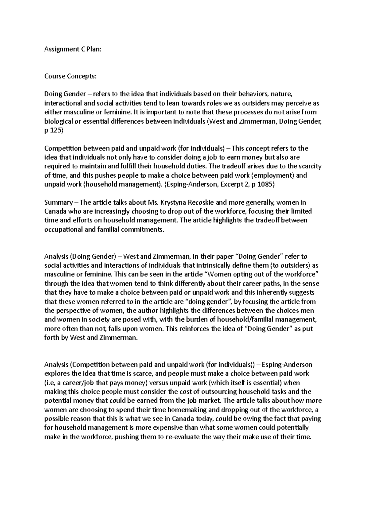 Assignment C - plan - Assignment C Plan: Course Concepts: Doing Gender ...