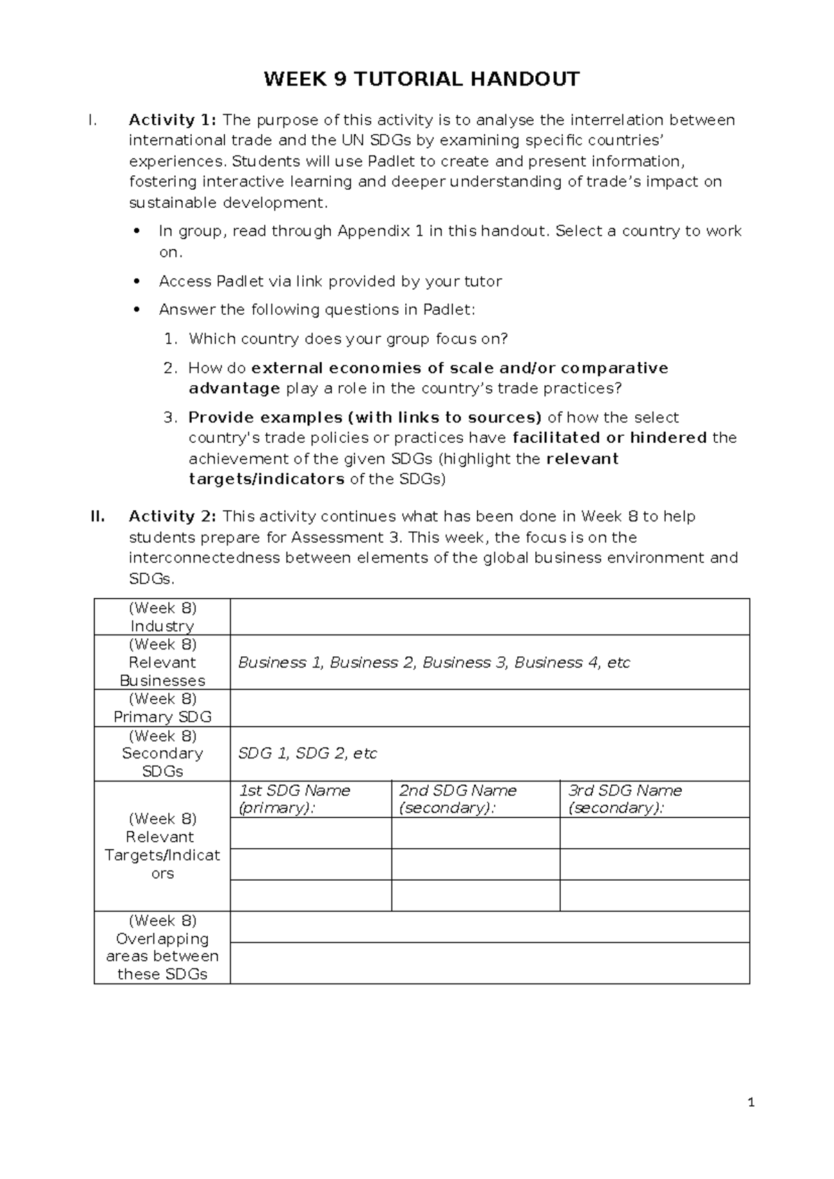 Week 9 Tutorial Handout - WEEK 9 TUTORIAL HANDOUT I. Activity 1: The purpose of this activity is ...