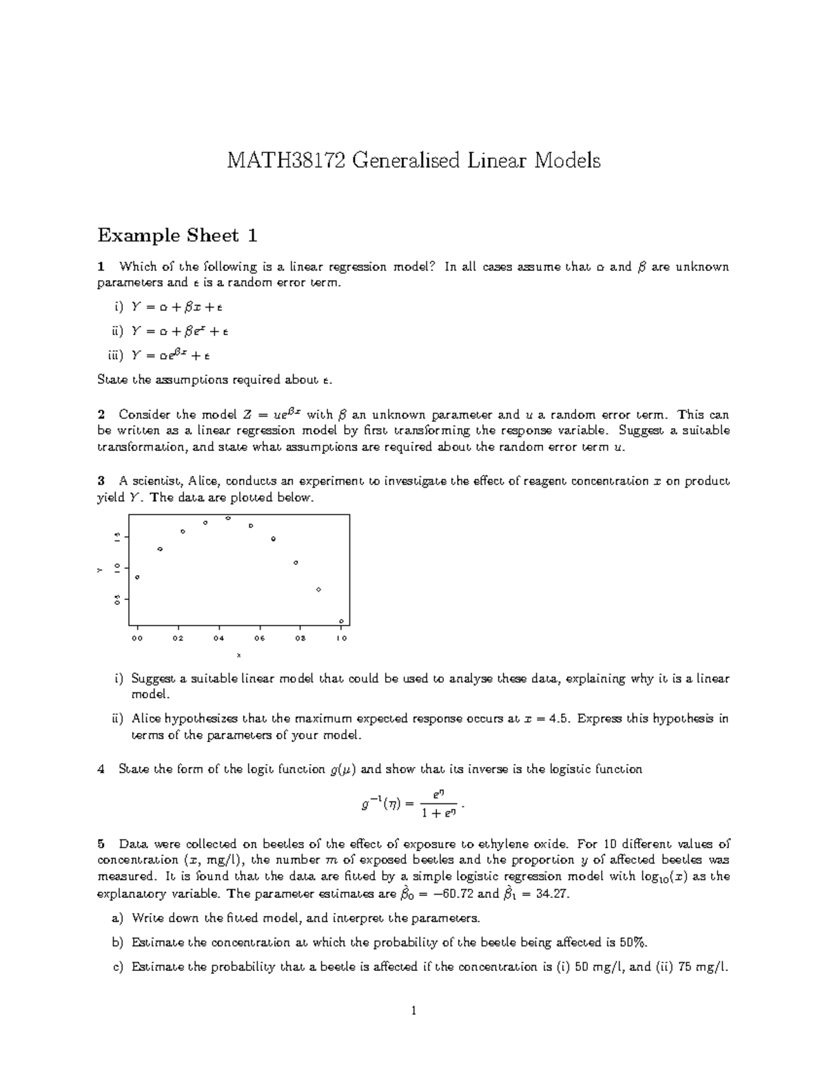 Example-Sheet-01 - bkjj - MATH38172 Generalised Linear Models Example Sheet 1 1 Which of the ...