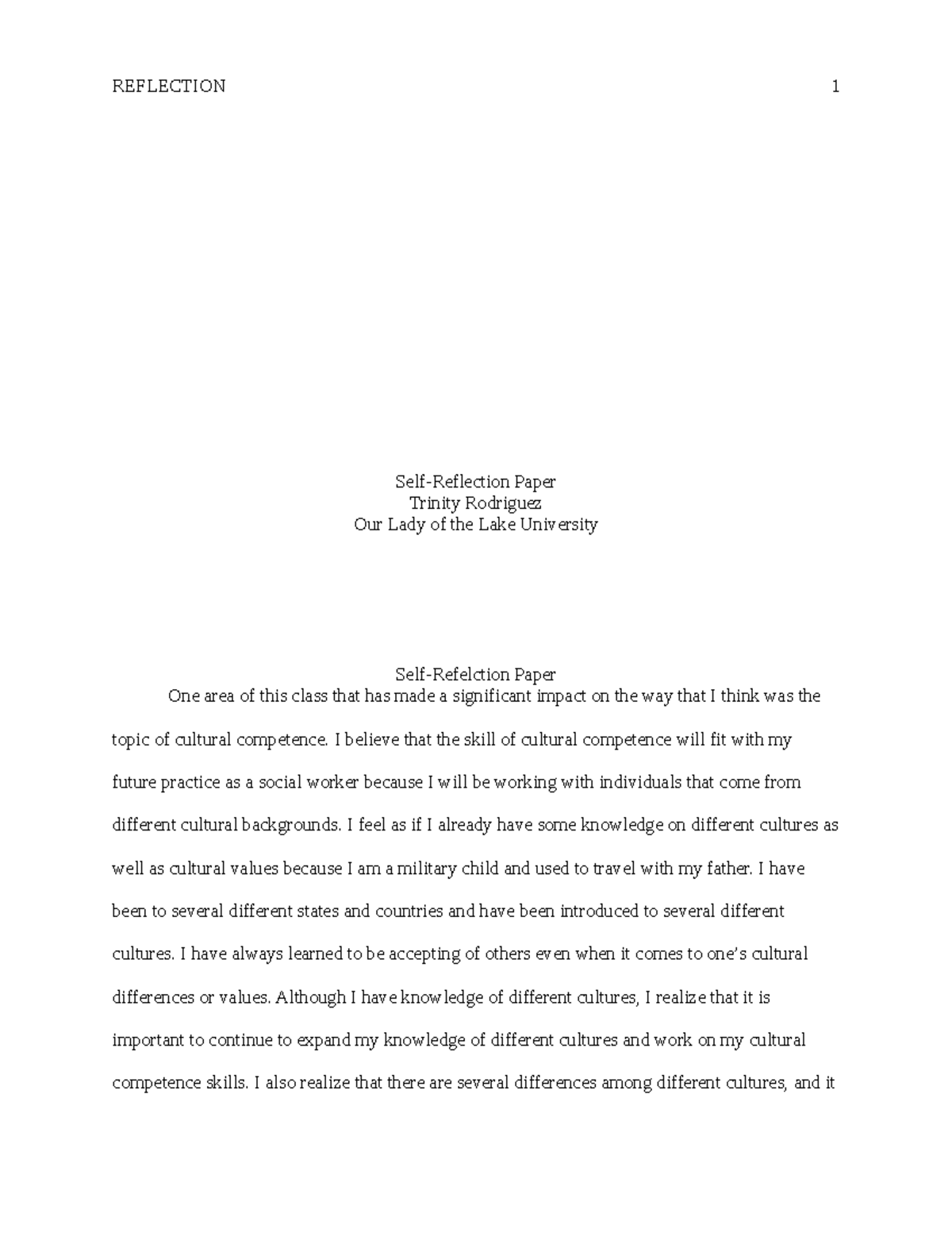 Self-Reflection Paper - REFLECTION 1 Self-Reflection Paper Trinity Rodriguez Our Lady of the ...