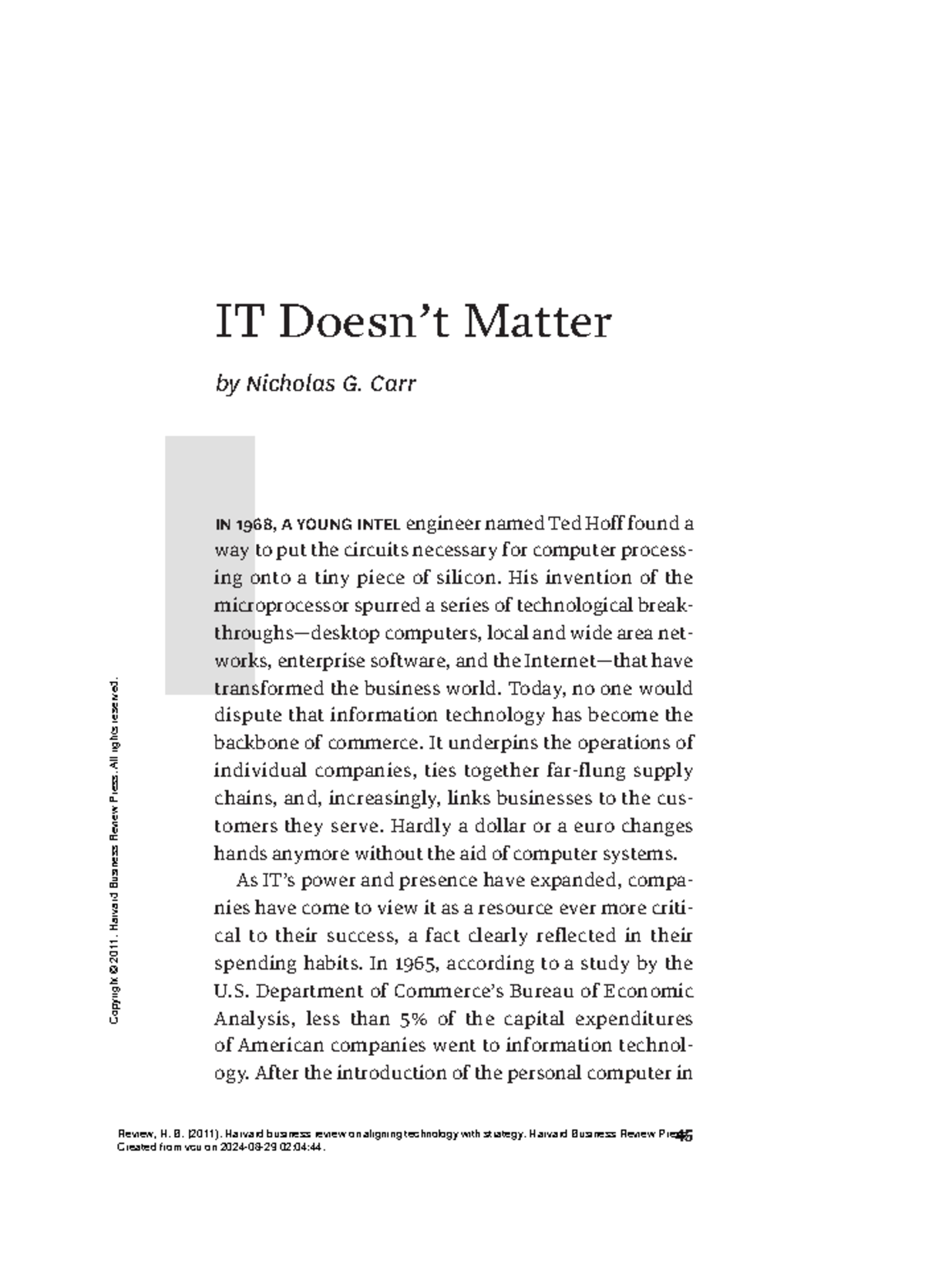 IT Doesn t Matter {by} Nicholas G. Carr - Harvard Business Review on ...