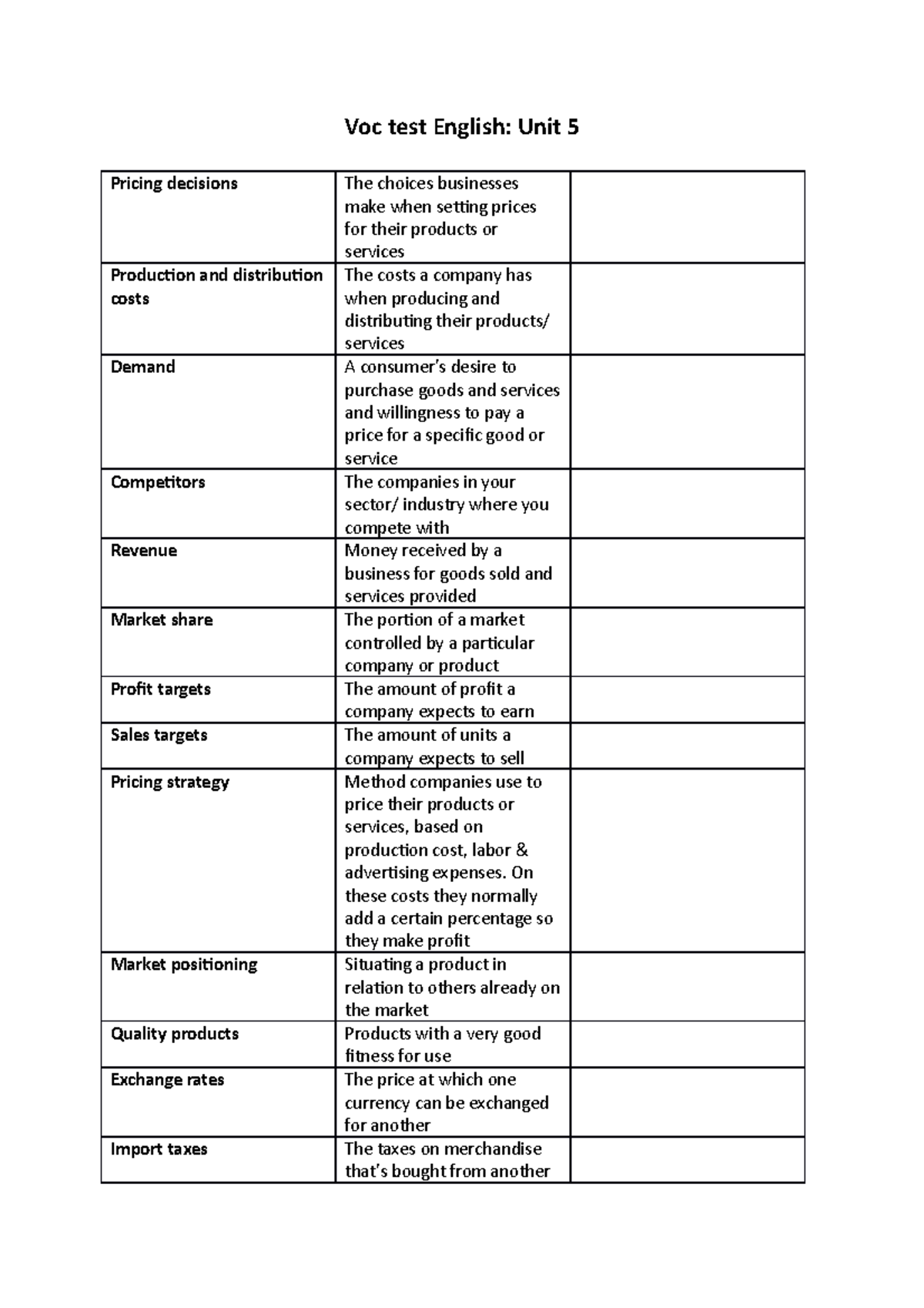 Voc list Unit 4 5 - Voc test English: Unit 5 Pricing decisions The ...