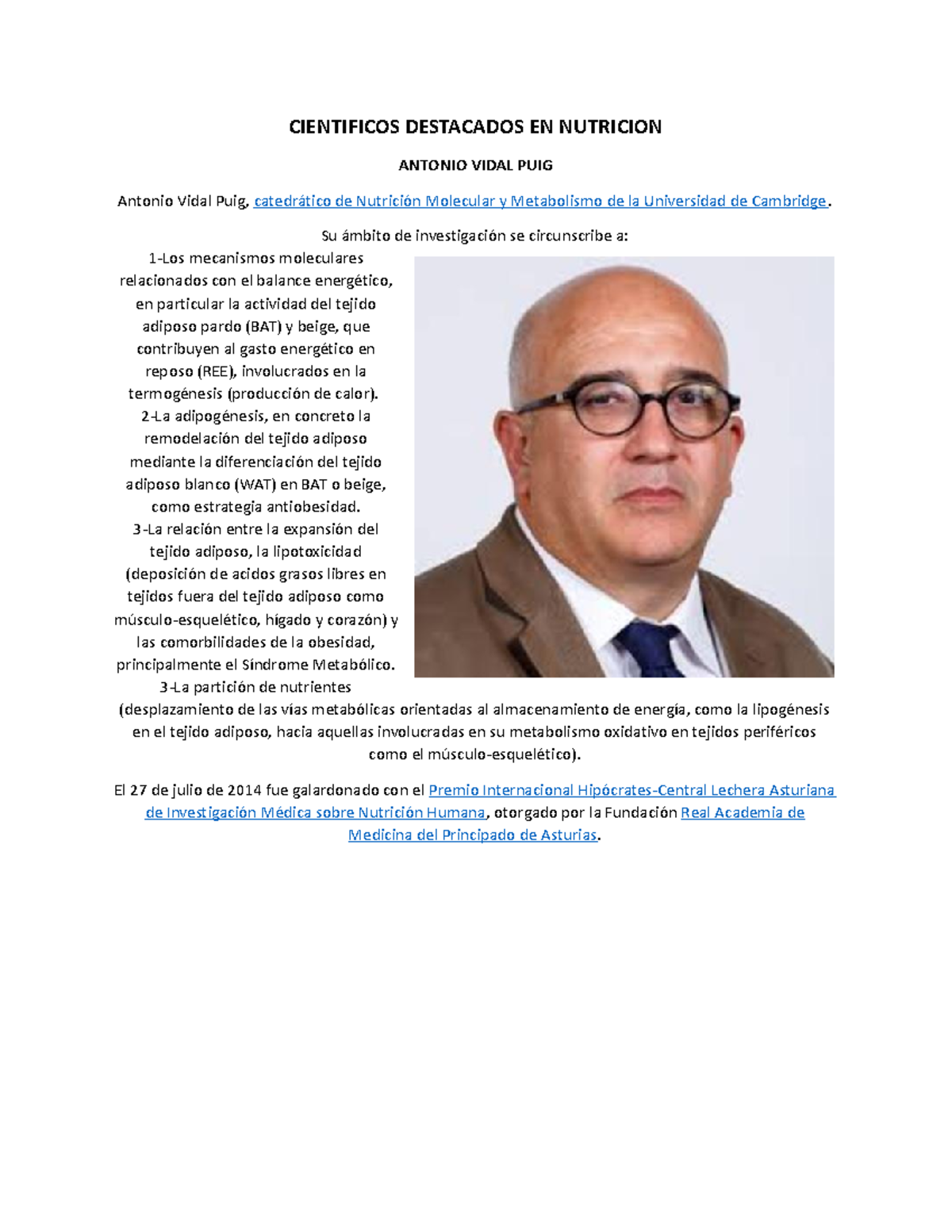 Cientificos DE Nutricion - CIENTIFICOS DESTACADOS EN NUTRICION ANTONIO VIDAL PUIG Antonio Vidal ...