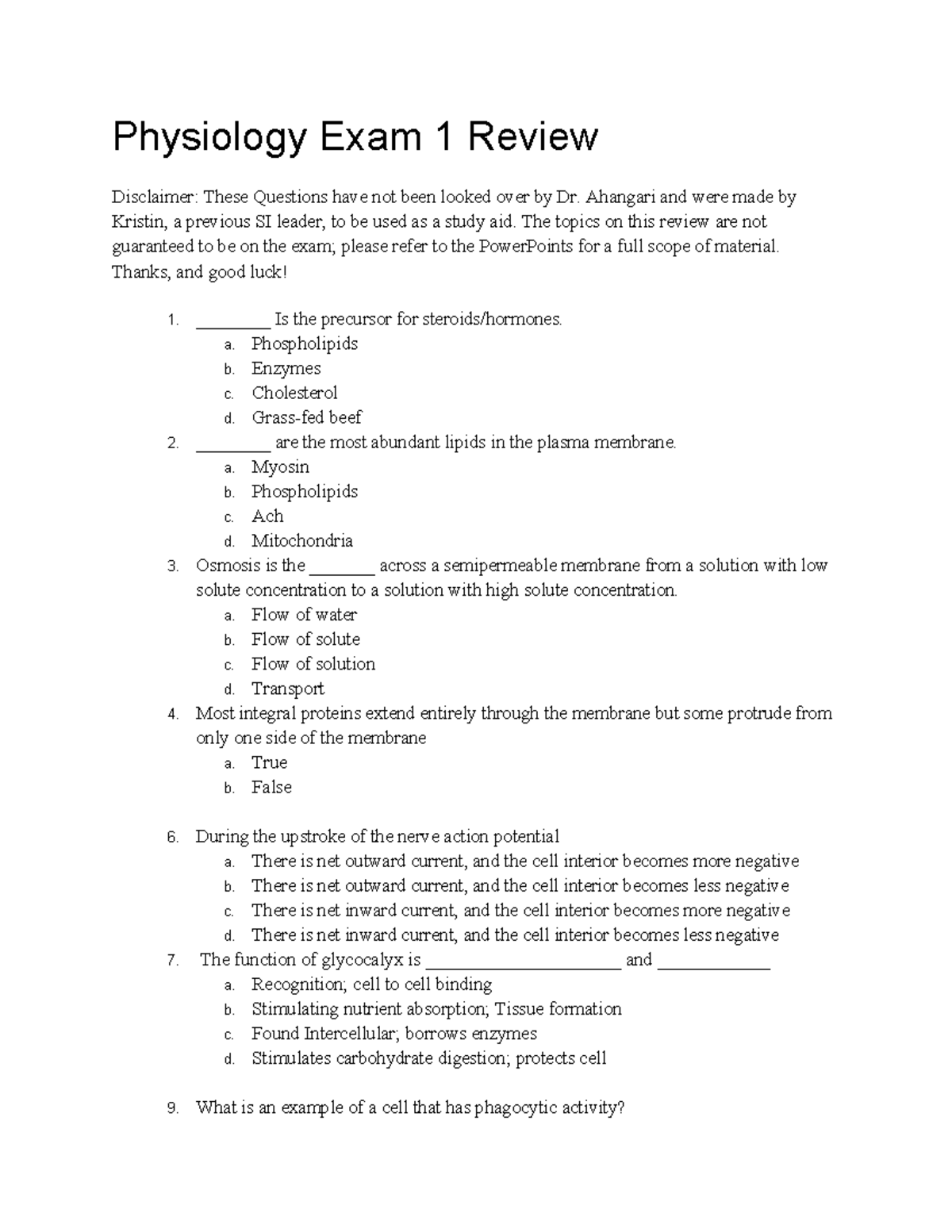Physiology exam 1 review - Physiology Exam 1 Review Disclaimer: These ...