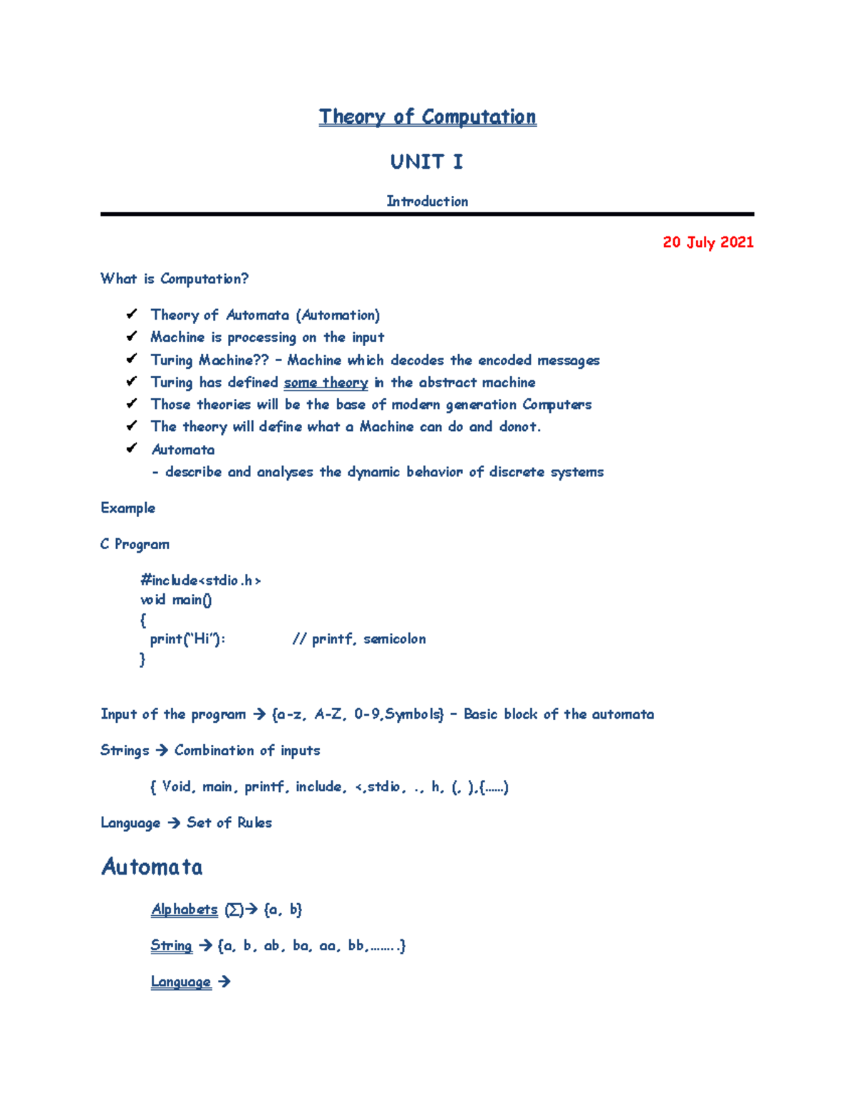 To C Lecture Notes Sec 9 - Theory of Computation UNIT I Introduction 20 ...